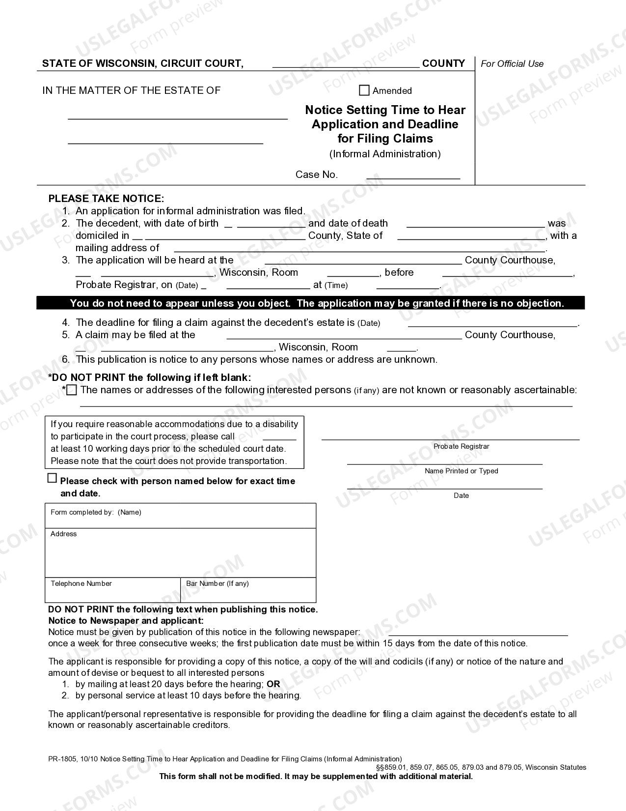 Wisconsin Notice to Interested Persons and Limiting Time for Filing ...