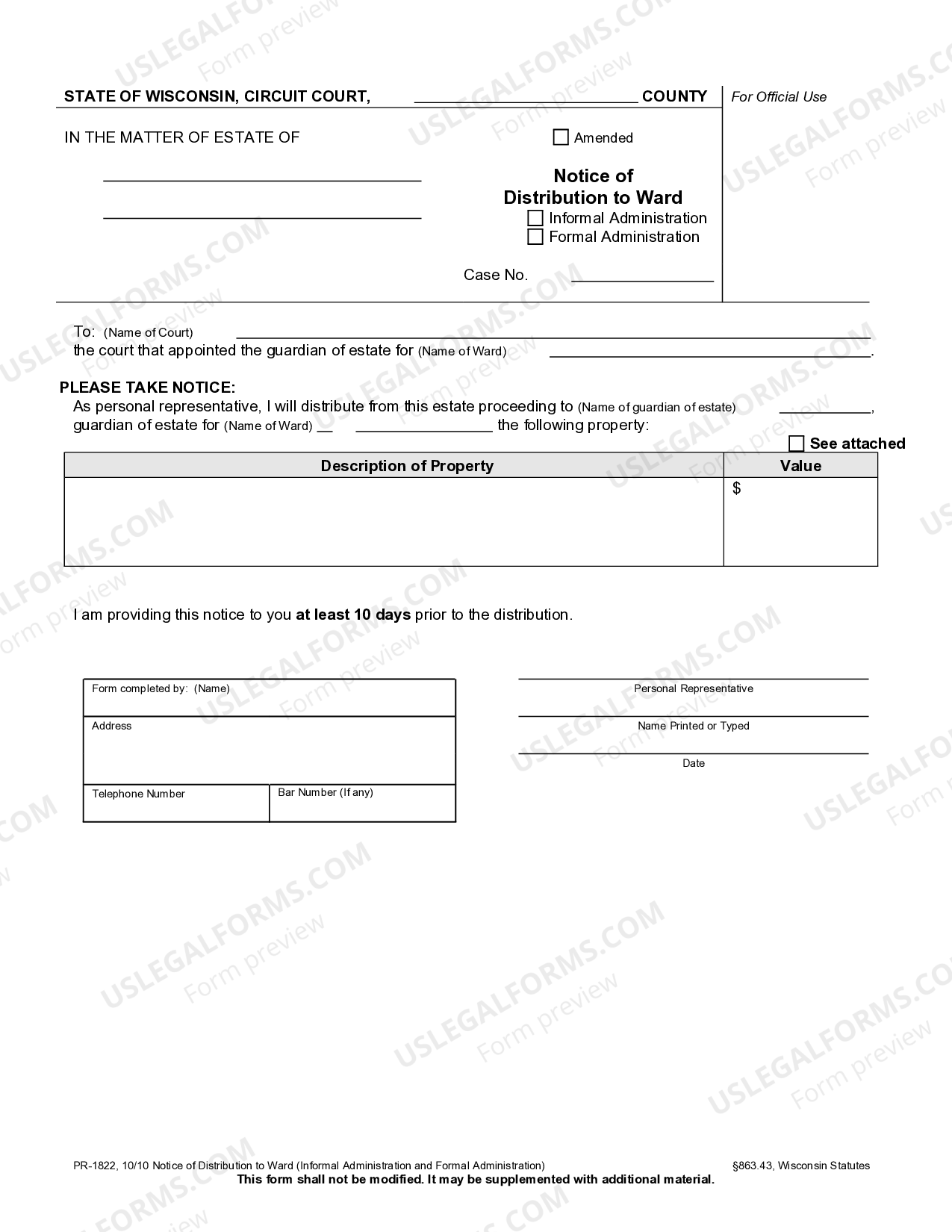 Notice of Distribution to Ward for Wisconsin Resident - Informal and ...