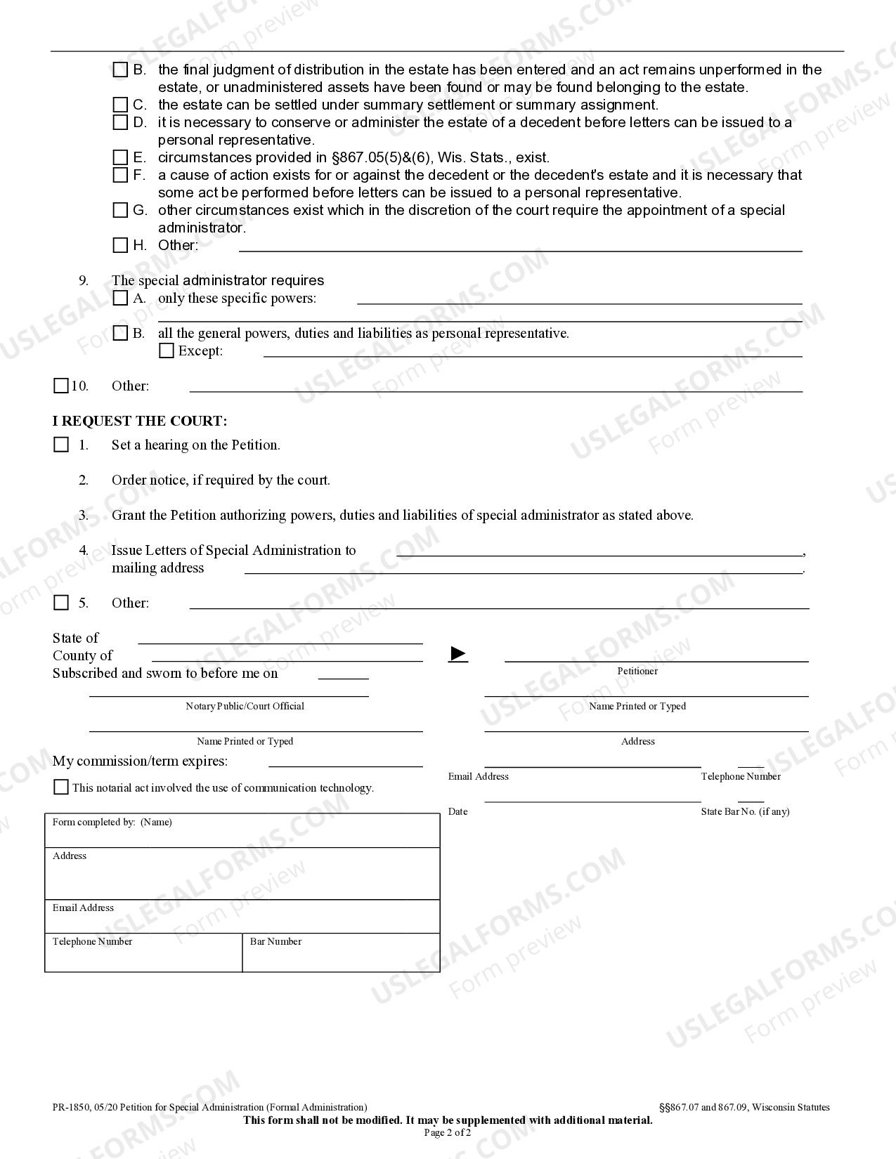 Wisconsin Special Administration - Petition | US Legal Forms