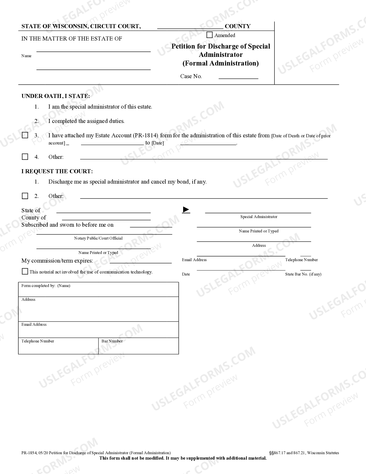 Wisconsin Special Administration - Petition for Discharge | US Legal Forms