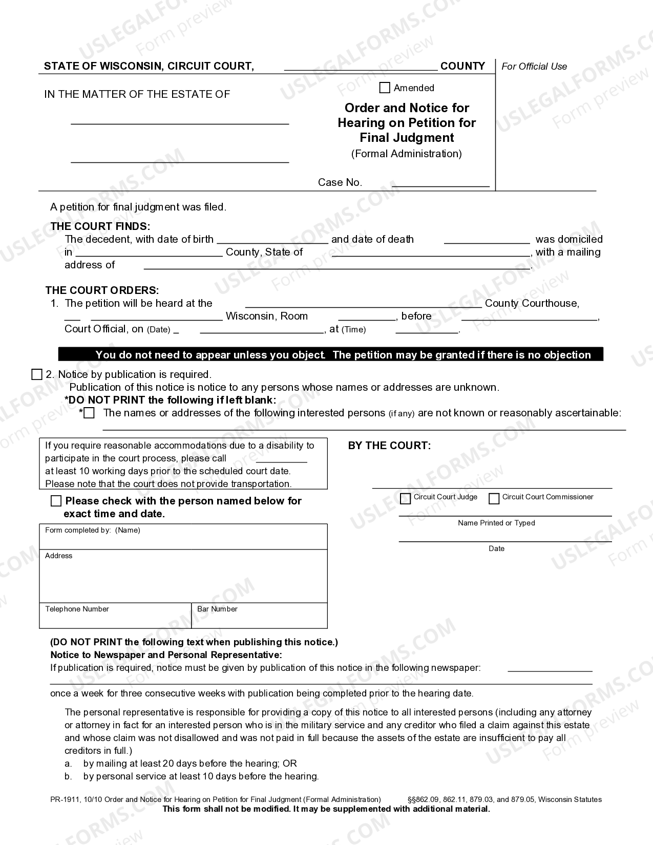 Wisconsin Order and Notice for Hearing Final Account and Final ...