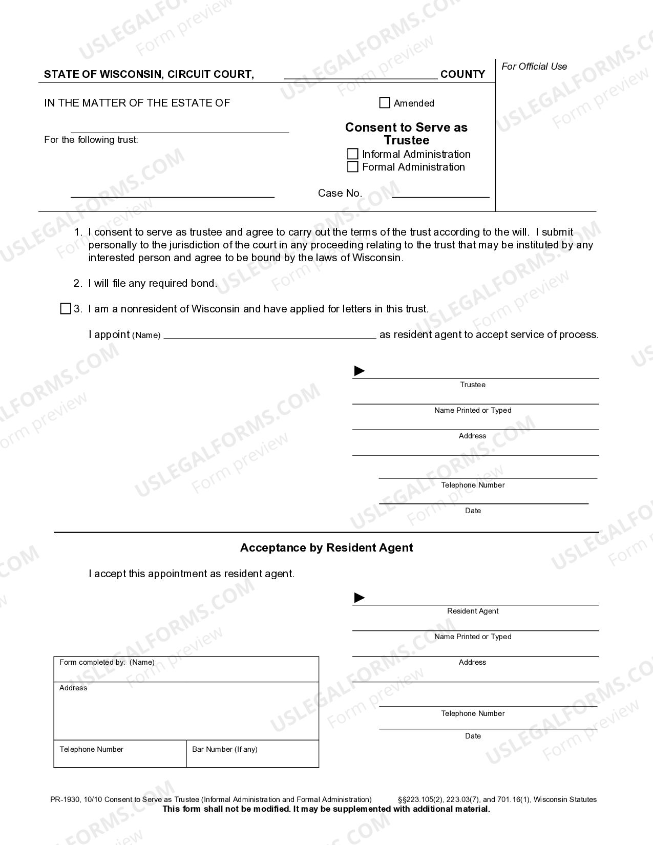 Wisconsin Consent to Serve as Trustee | US Legal Forms