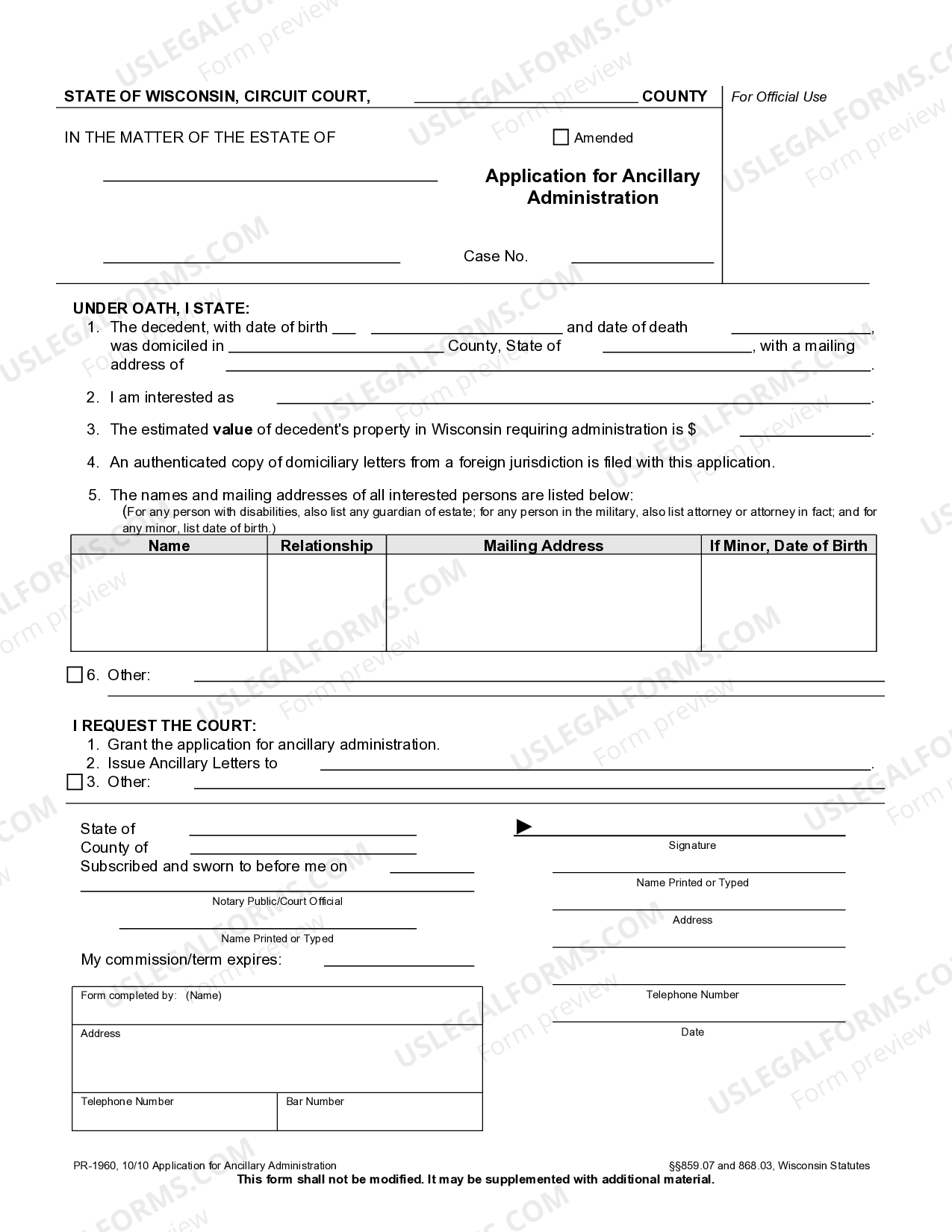 Wisconsin Application For Ancillary Letters | US Legal Forms