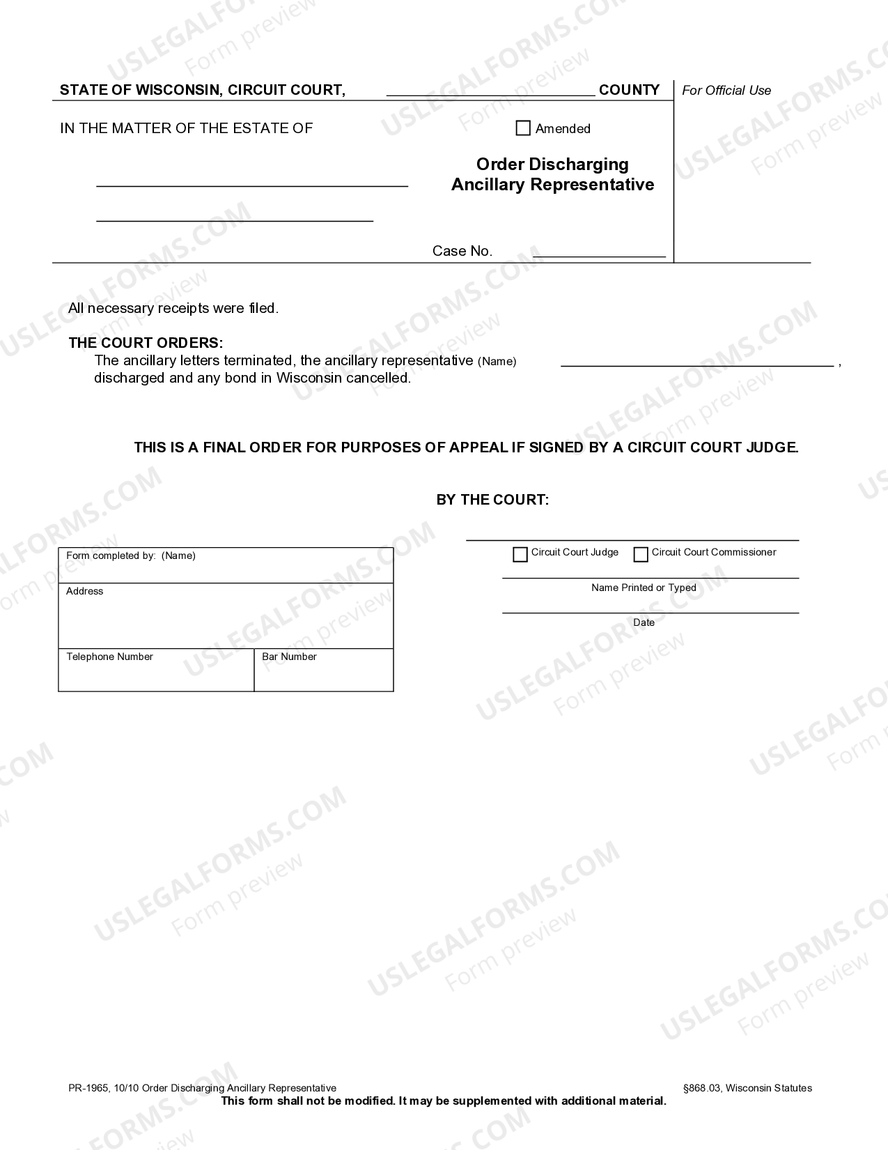 Wisconsin Ancillary Representative - Order Of Discharge | US Legal Forms