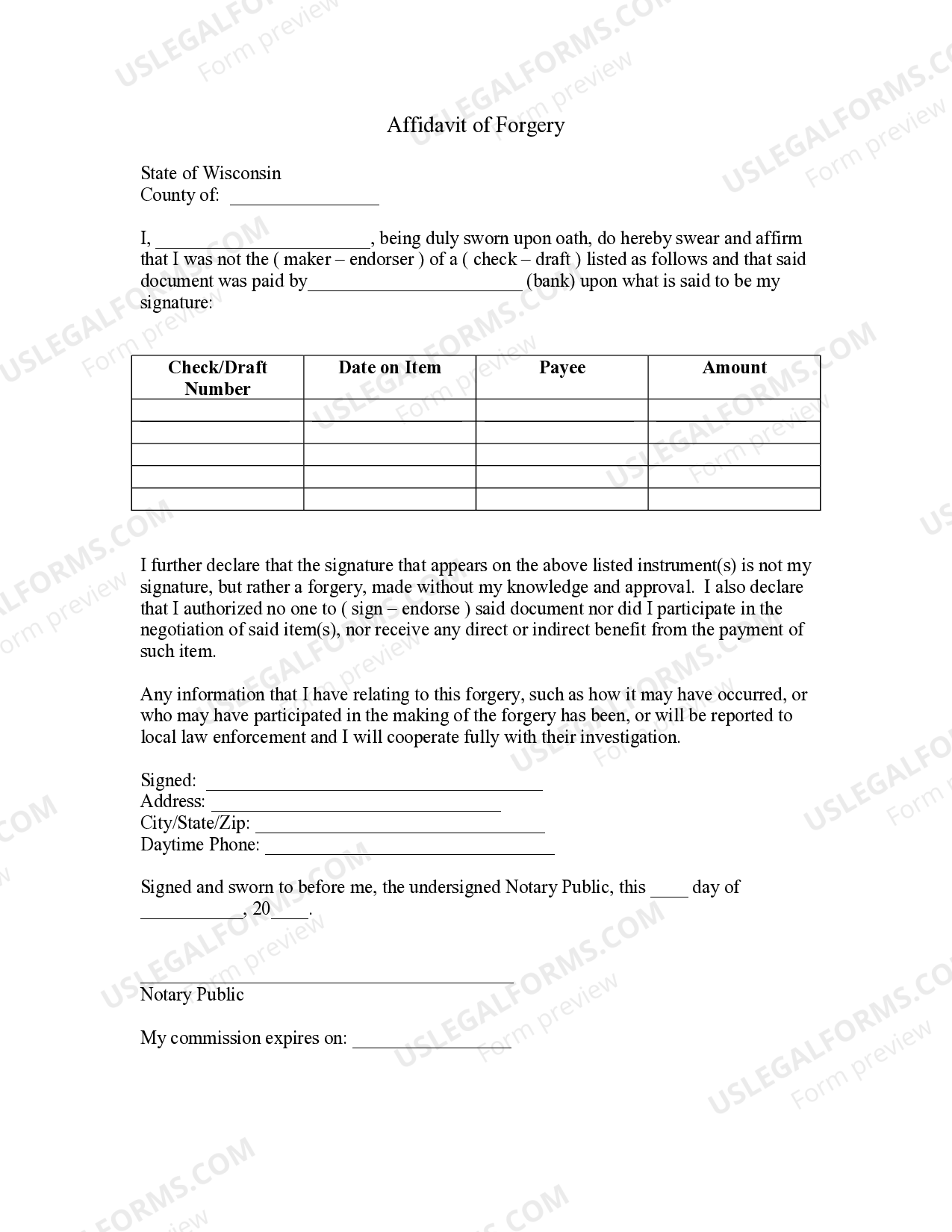 Wisconsin Affidavit of Forgery | US Legal Forms