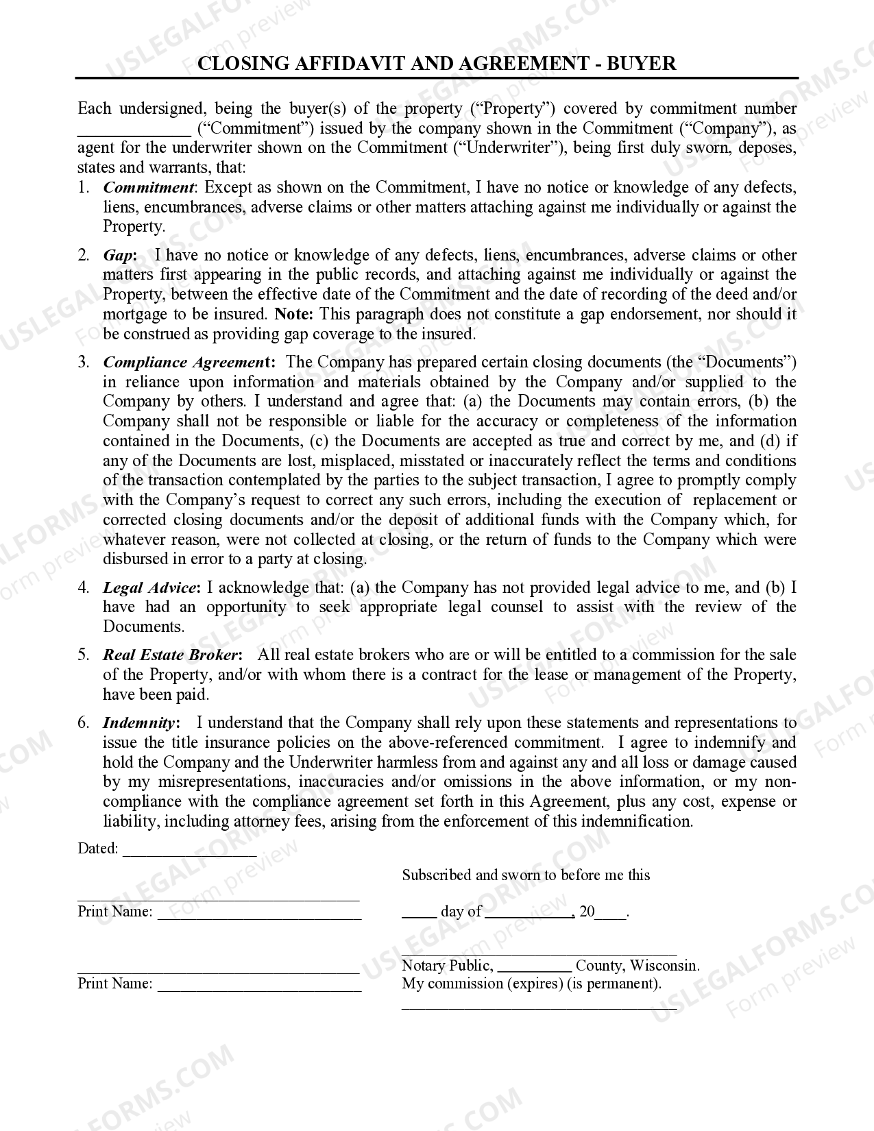 Wisconsin Closing Affidavit and Agreement - Buyer | US Legal Forms
