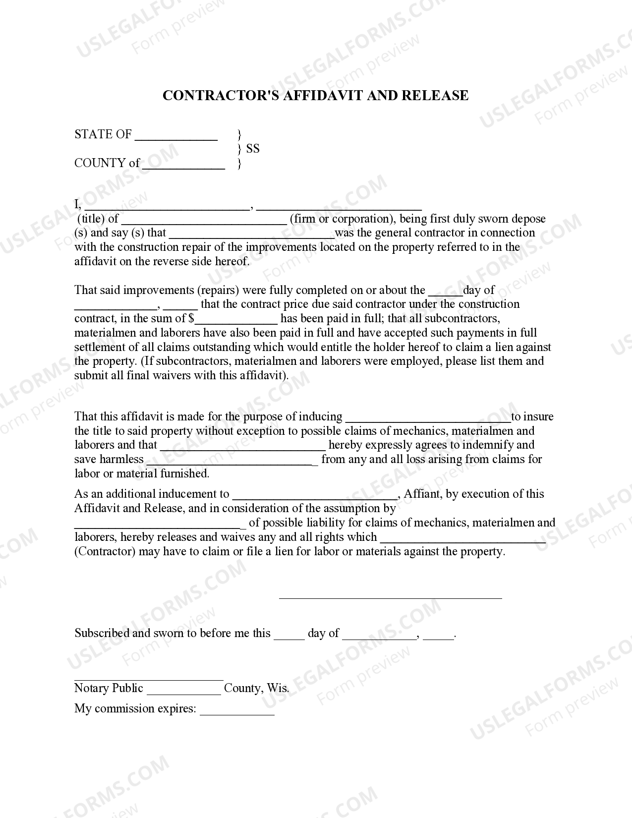 Wisconsin Contractor's Affidavit and Release | US Legal Forms