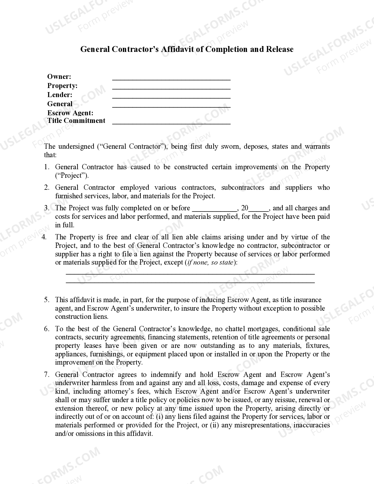 Wisconsin General Contractor's Affidavit of Completion and Release | US ...