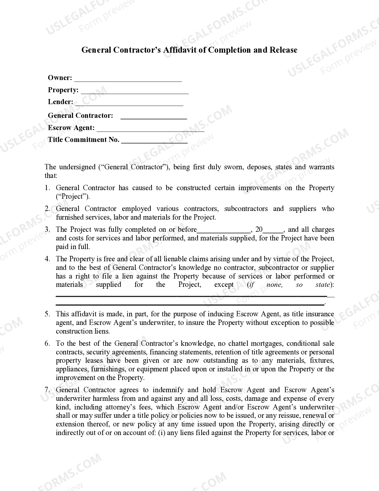 Wisconsin General Contractor's Affidavit of Completion and Release | US ...