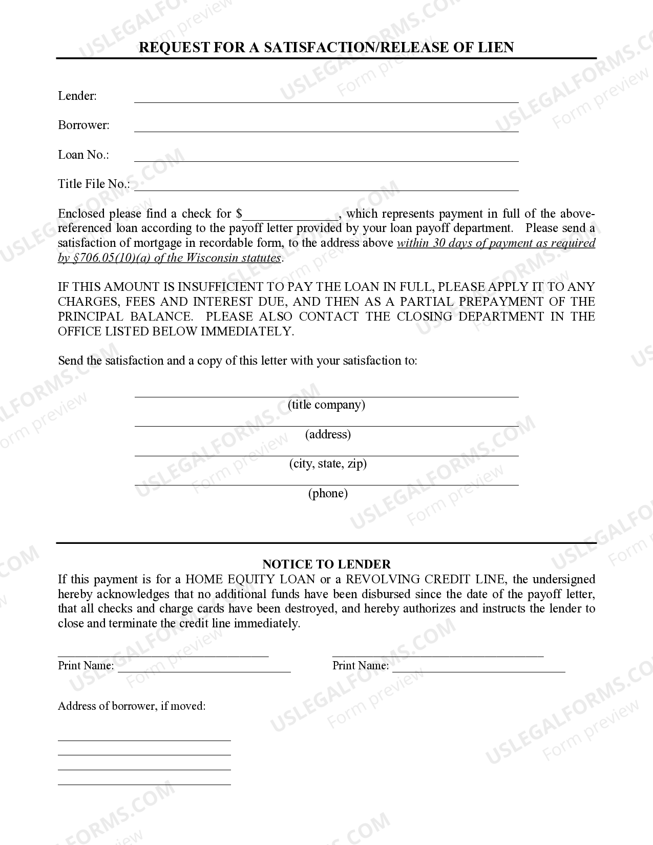 Wisconsin Request for Satisfaction - Release of Lien | US Legal Forms