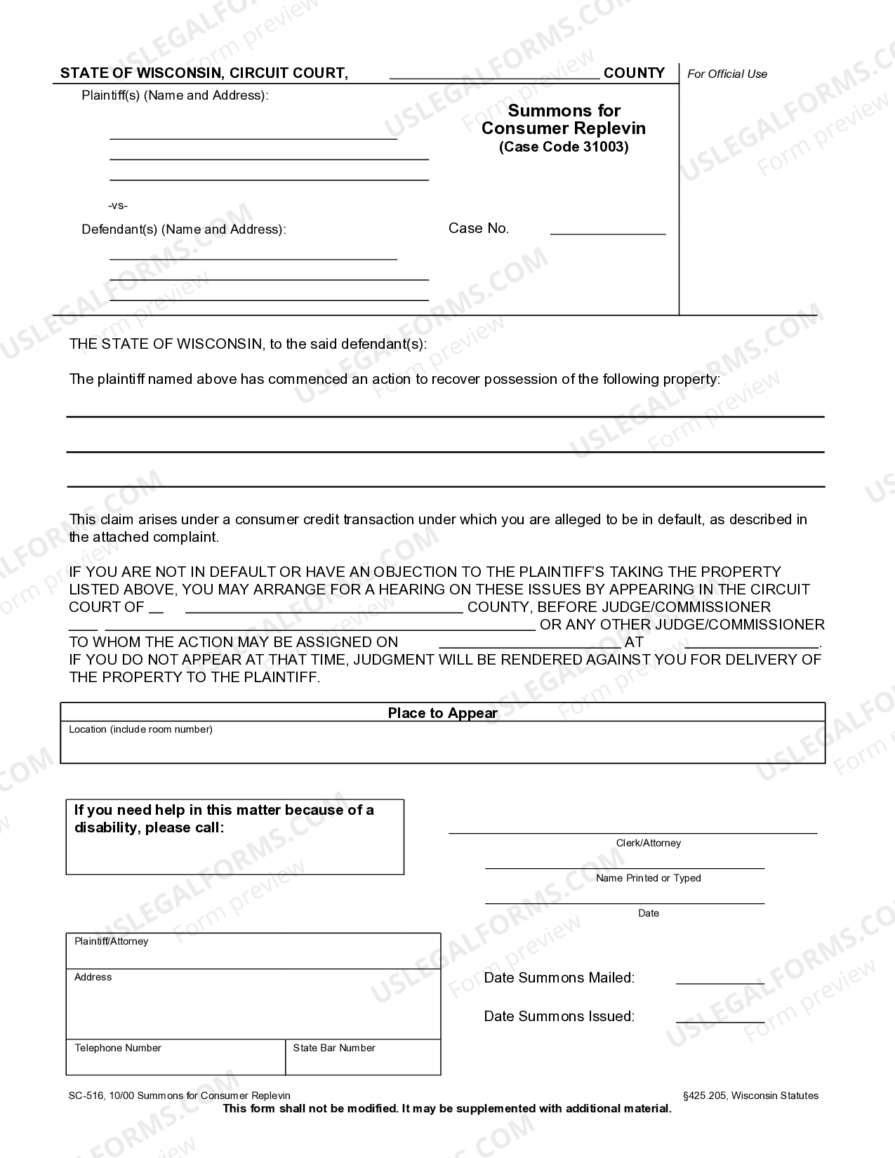 Wisconsin Summons for Consumer Replevin or Repossession | US Legal Forms