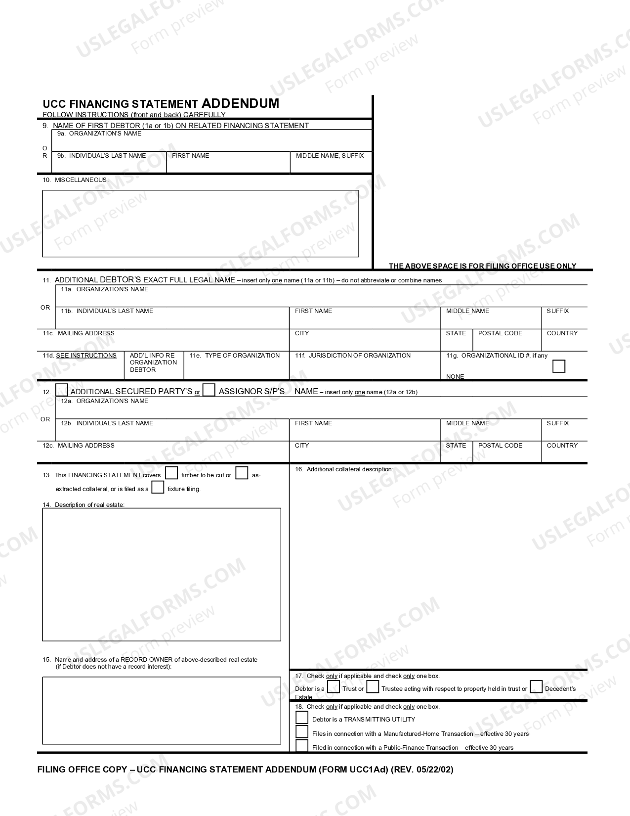 Wisconsin UCC1 Financing Statement Addendum - Ucc 1 Form Wisconsin | US ...