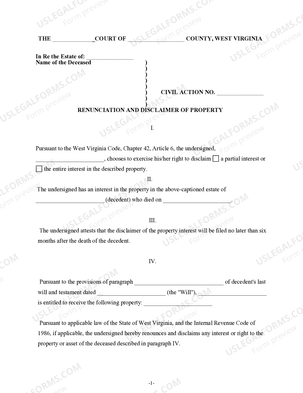 West Virginia Renunciation And Disclaimer of Property from Will by ...