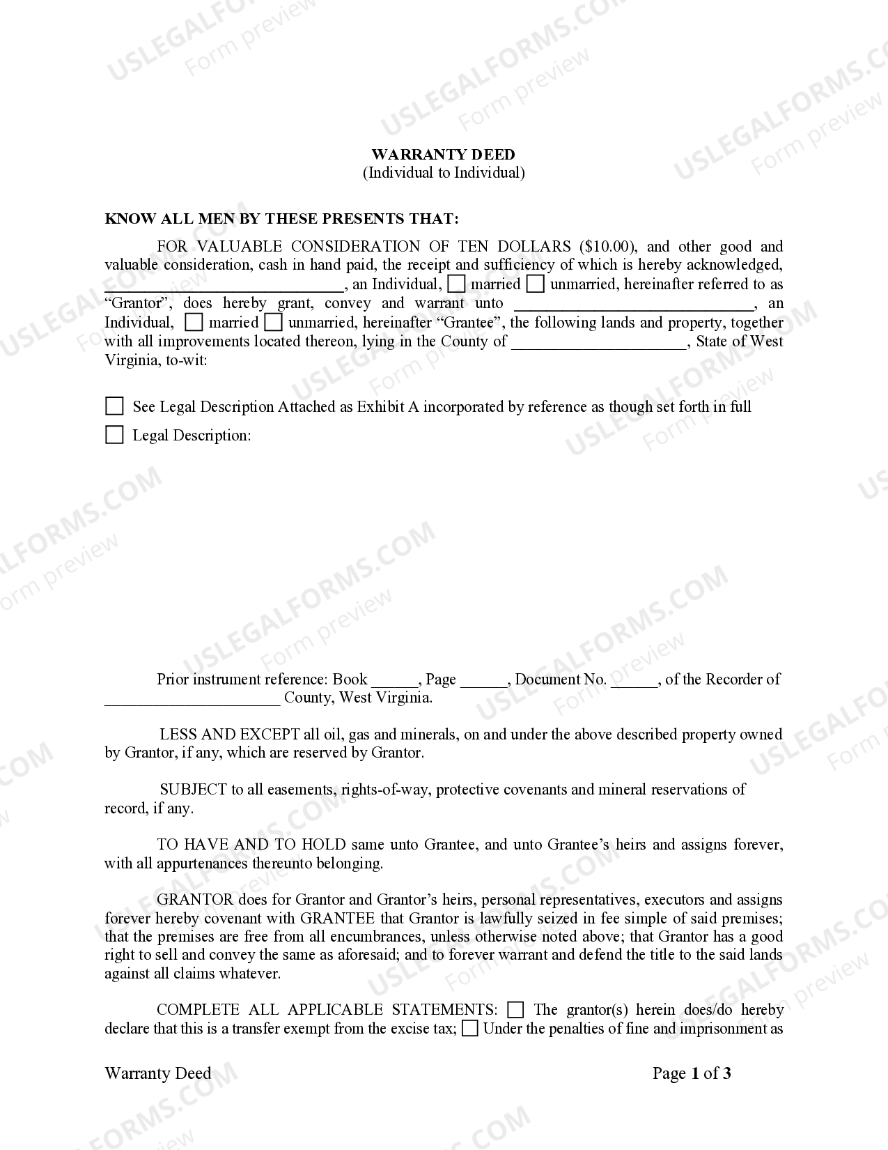 West Virginia Warranty Deed from Individual to Individual - Wv Deed West Virginia | US Legal Forms