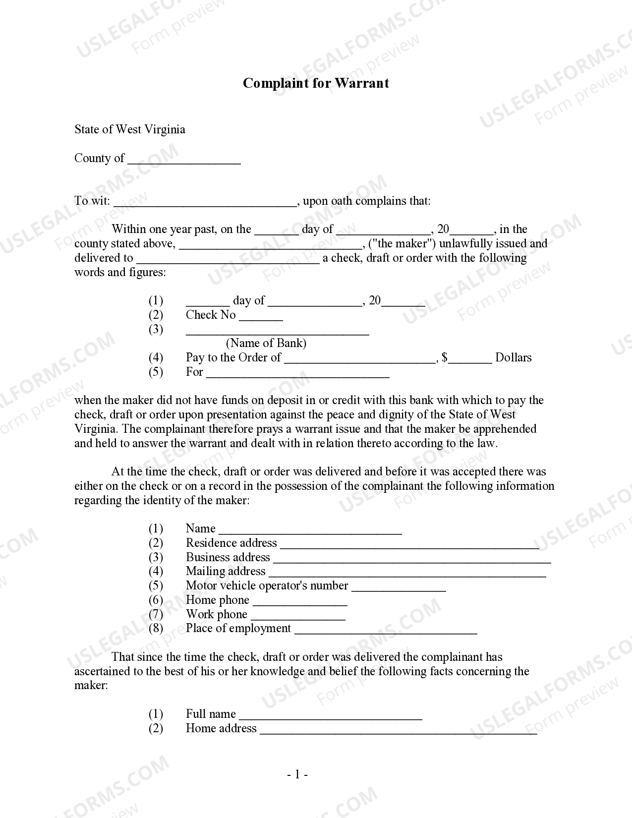 West Virginia Complaint for Warrant for Dishonored Check - Bad Bounced ...