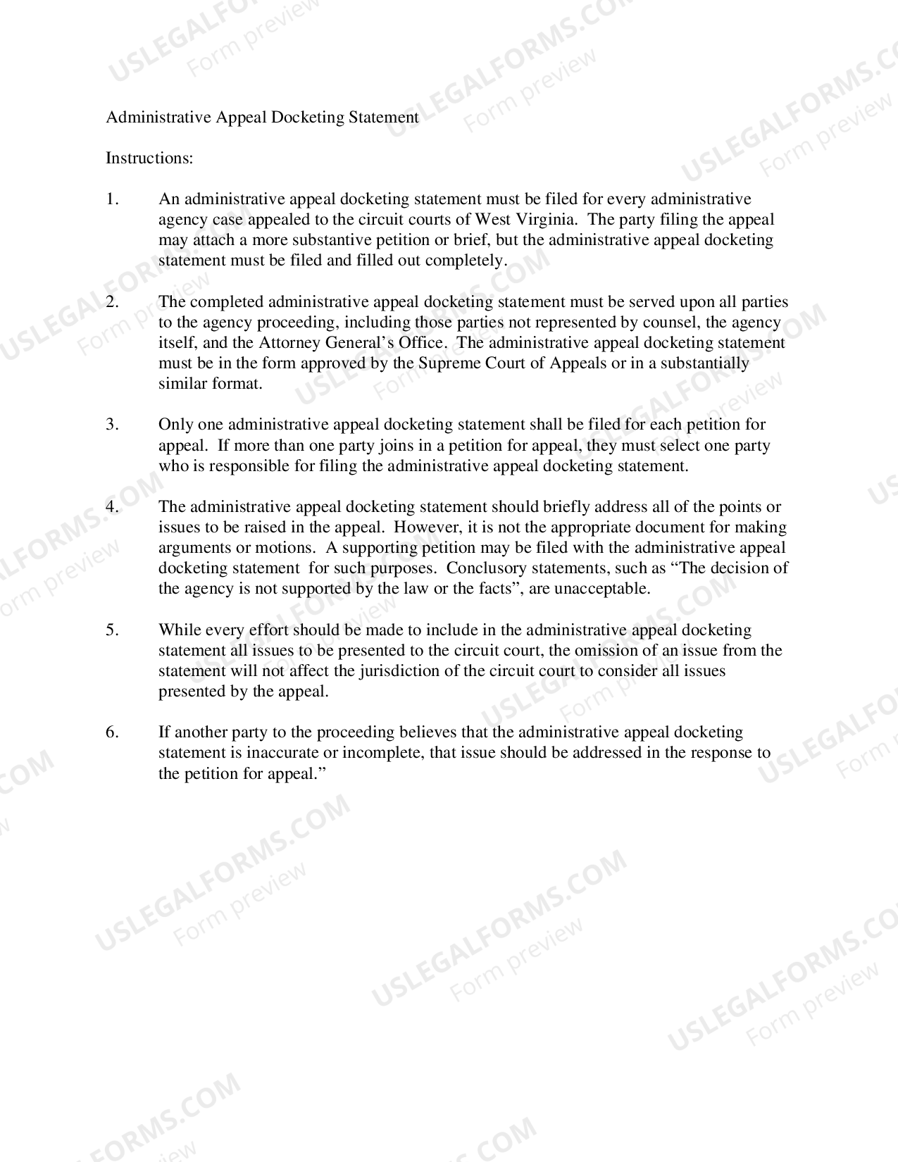 West Virginia Administrative Appeal Docketing Statement | US Legal Forms