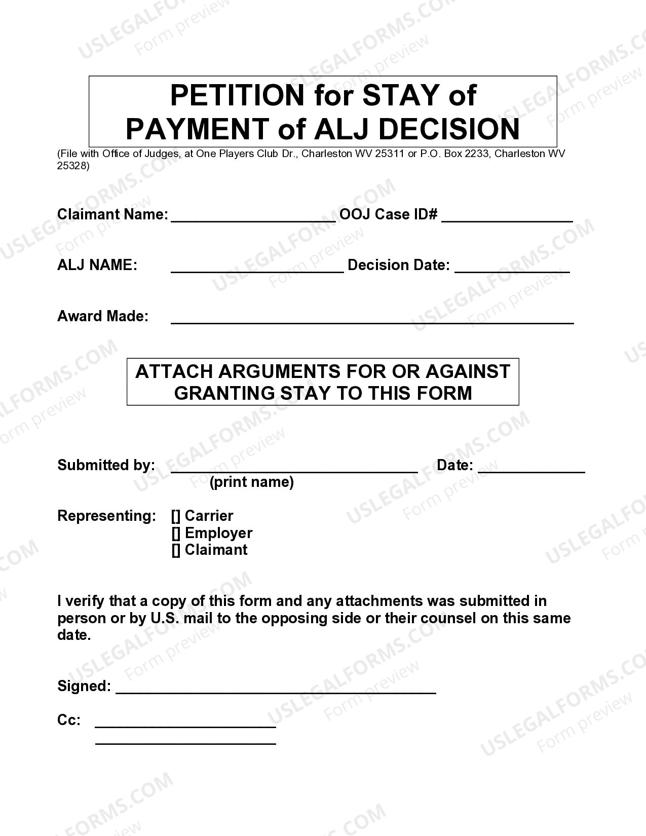 West Virginia Petition for Stay of Payment of ALJ Decision | US Legal Forms