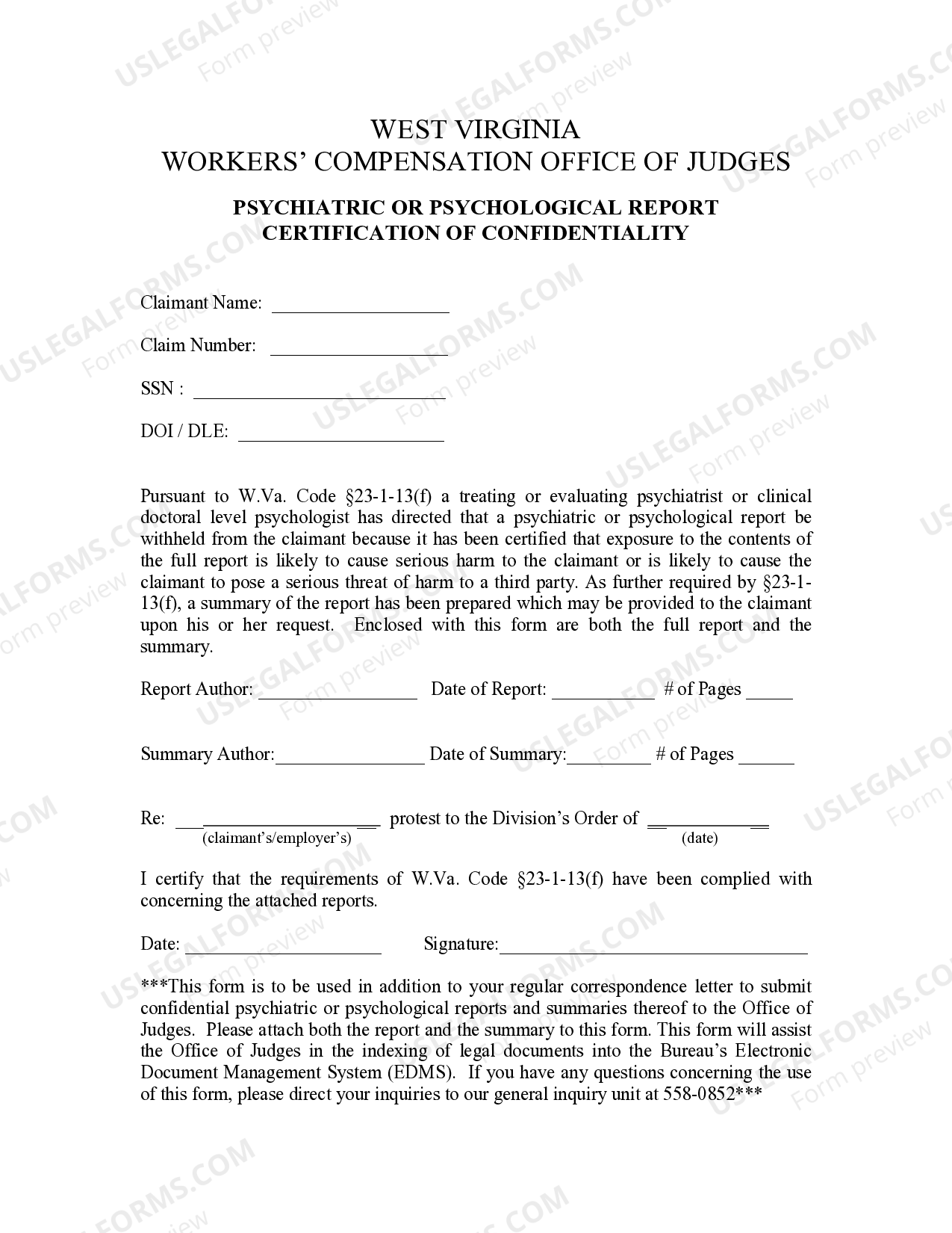 West Virginia Psychiatric or Psychological Report Certification of ...