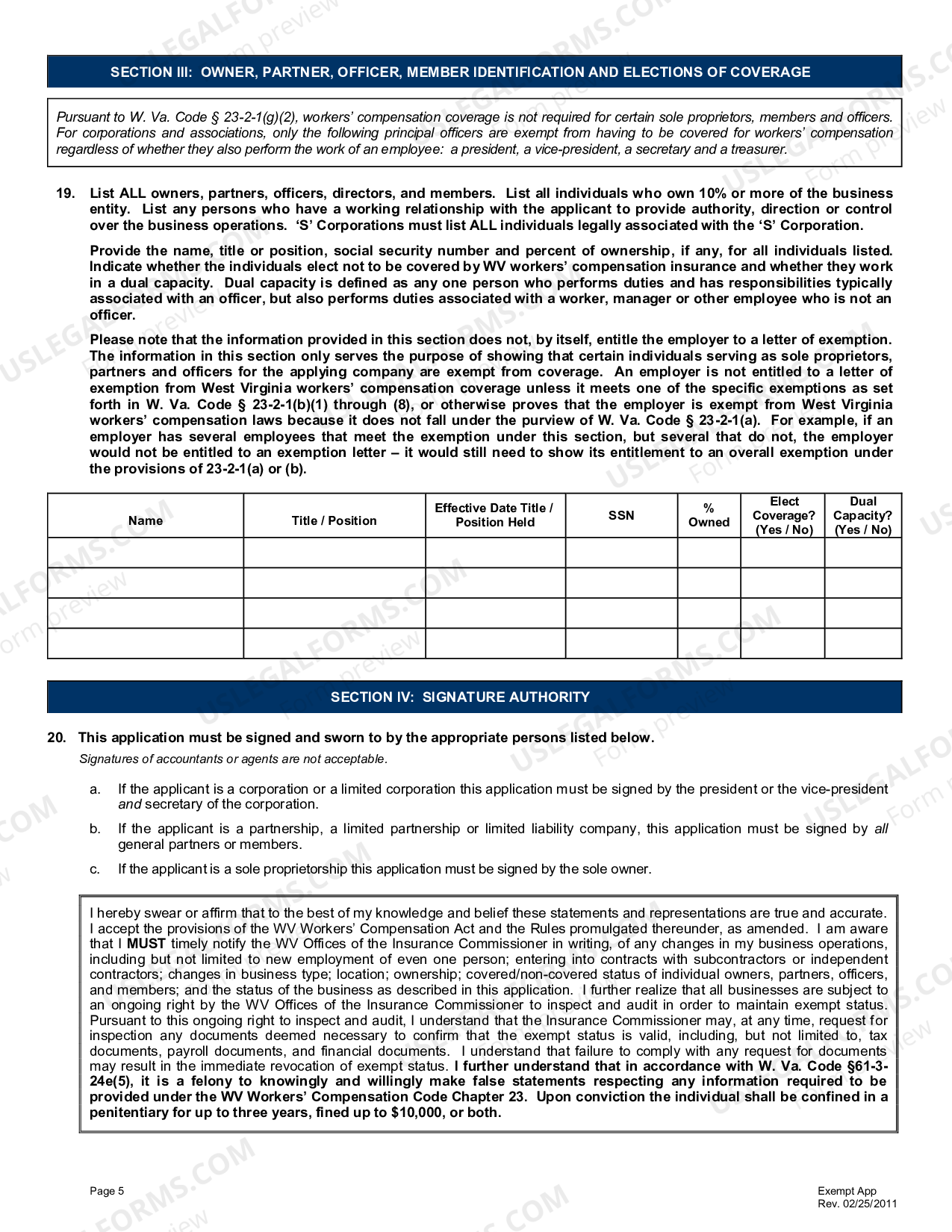 Application for Exemption from West Virginia Workers Compensation ...