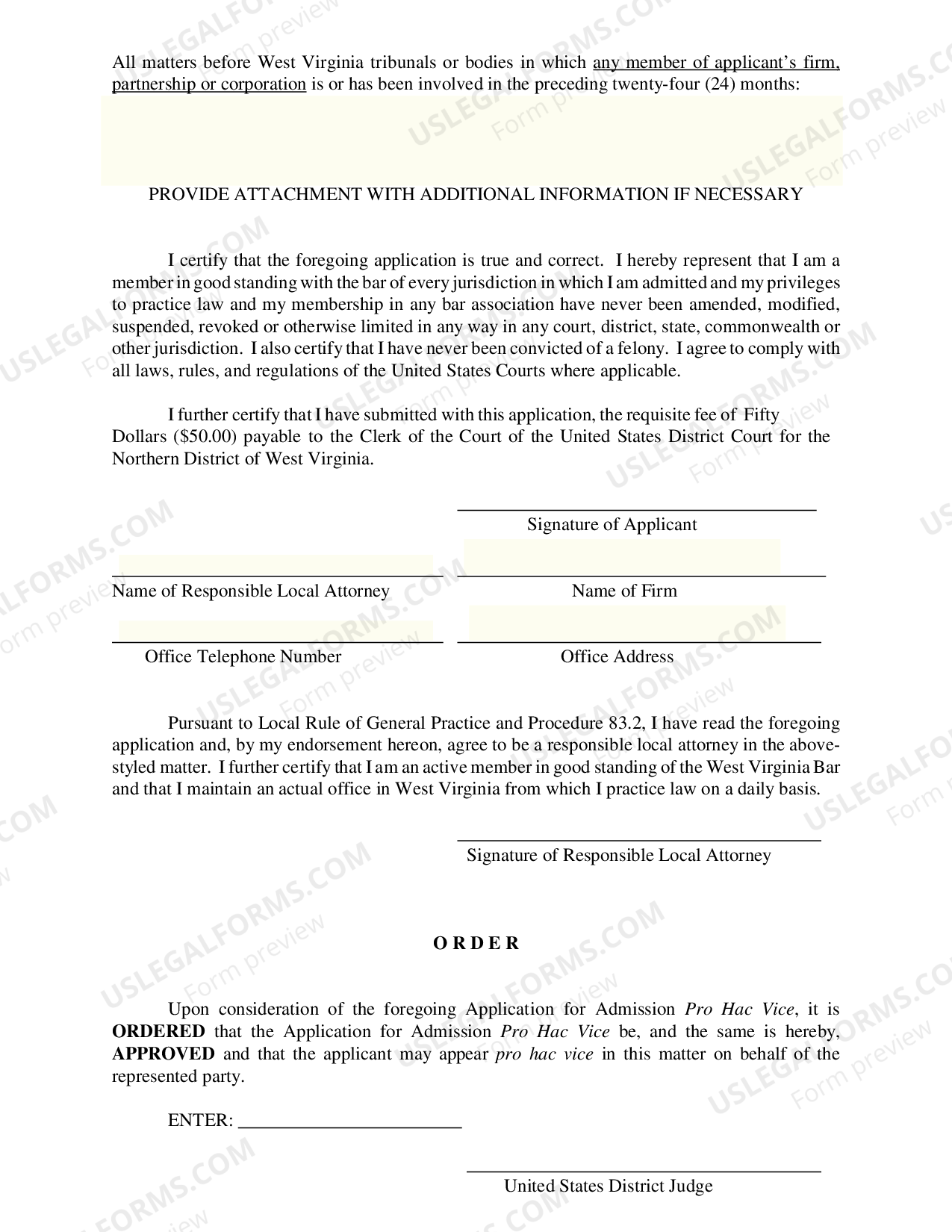 West Virginia Application for Admission Pro Hac Vice | US Legal Forms