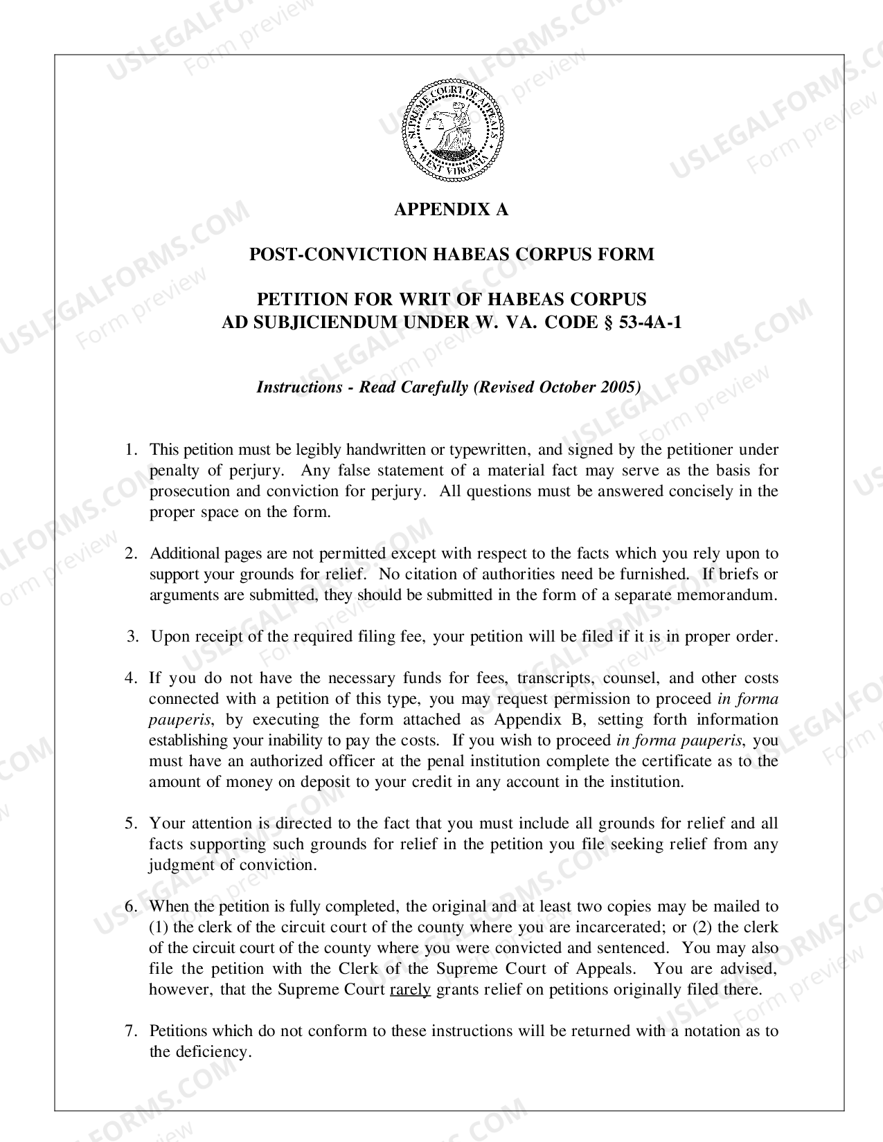 West Virginia Appendix A Post-Conviction Habeas Corpus form Petition ...