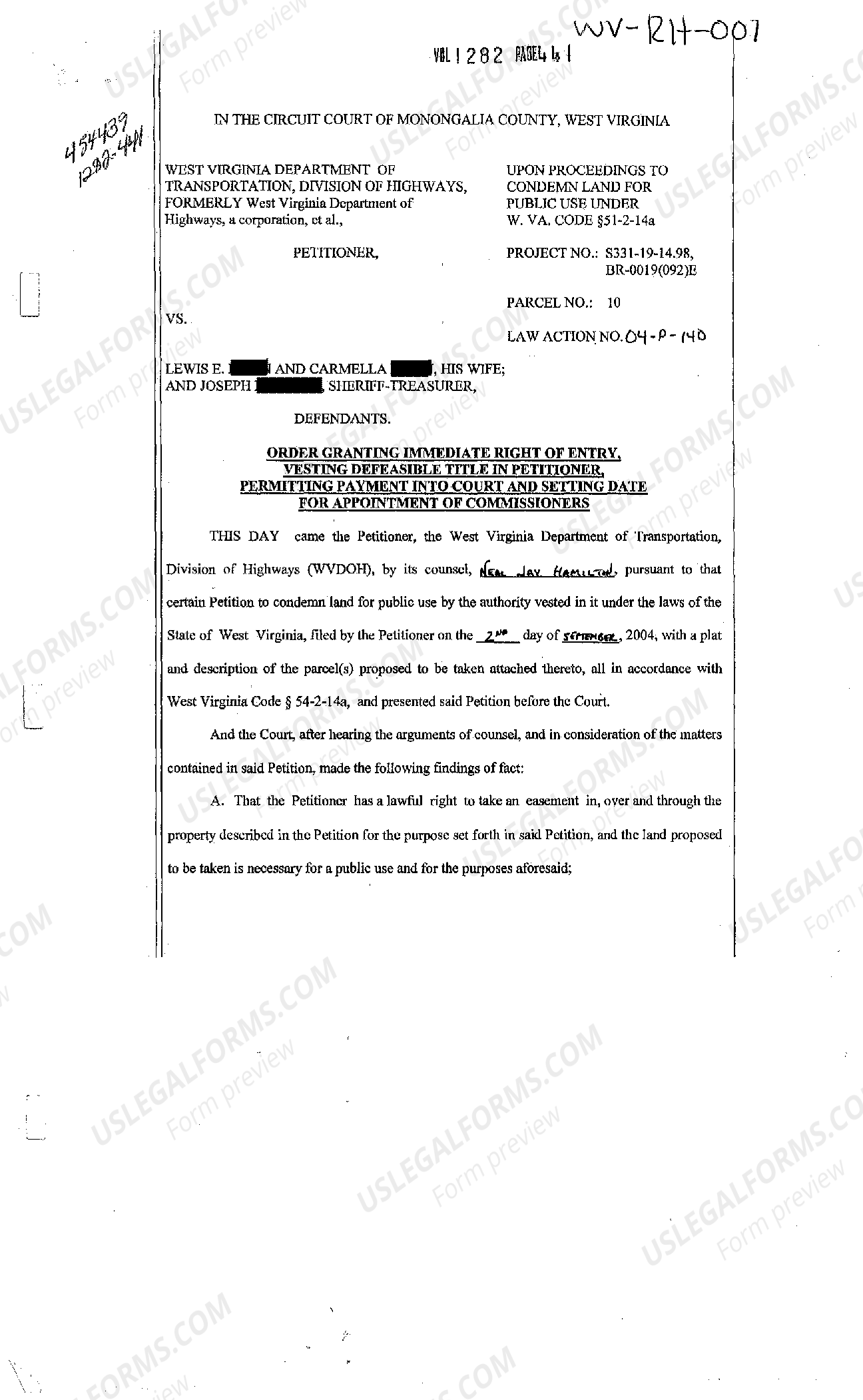 West Virginia Order Granting Immediate Right of Entry, Vesting ...