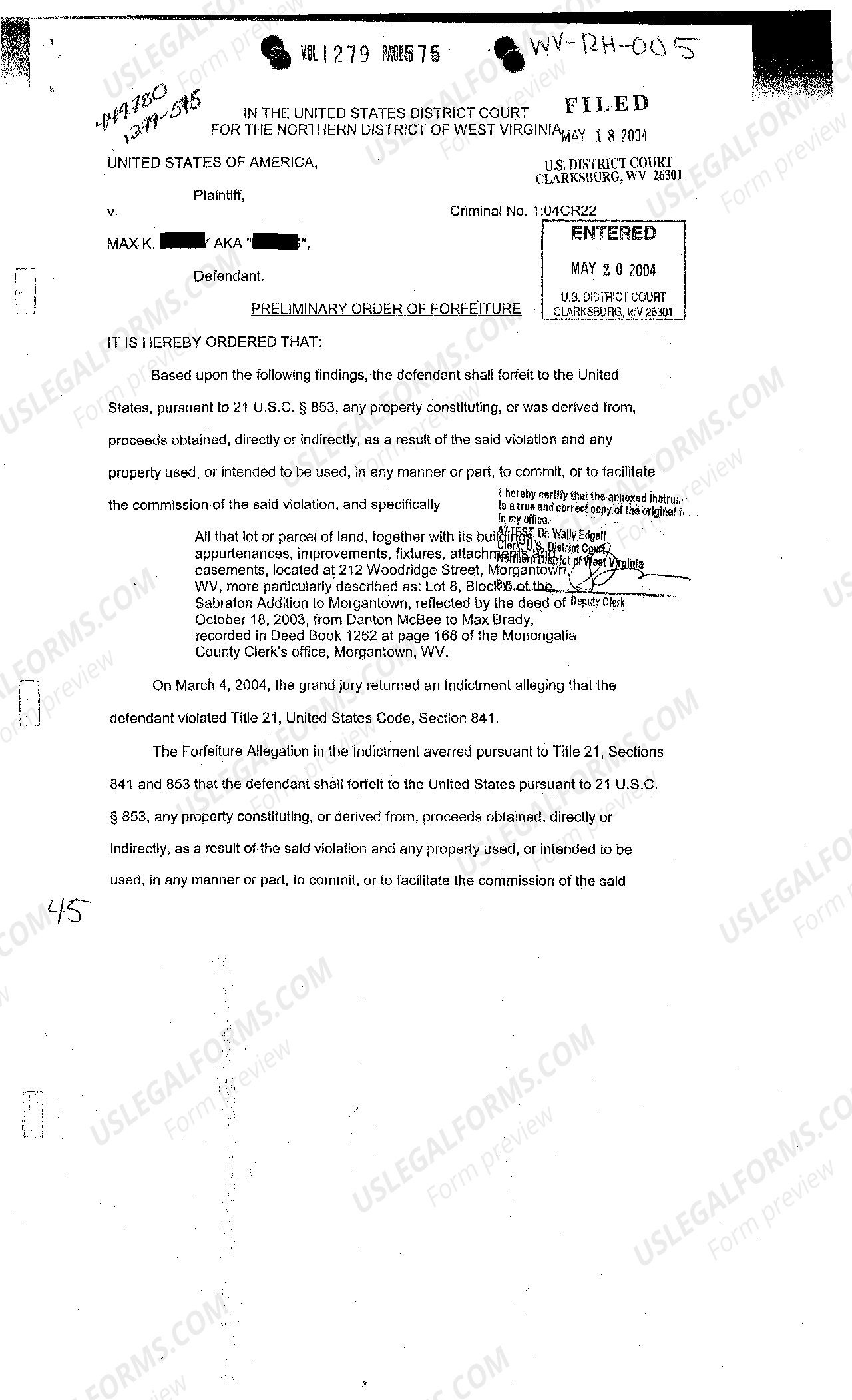 West Virginia Preliminary Order of Forfeiture of Property to Federal ...