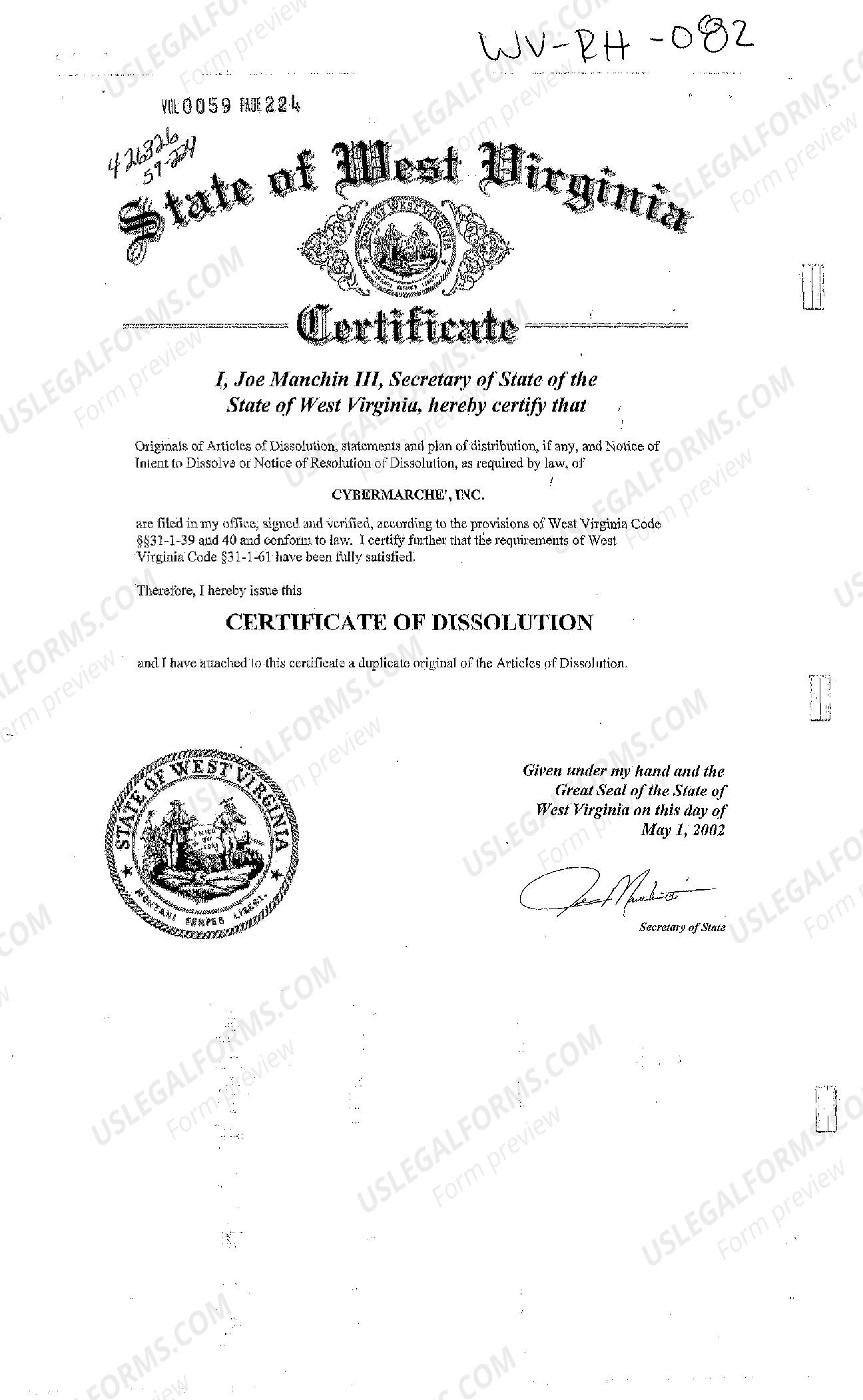 West Virginia Certificate of Dissolution of Corporation | US Legal Forms
