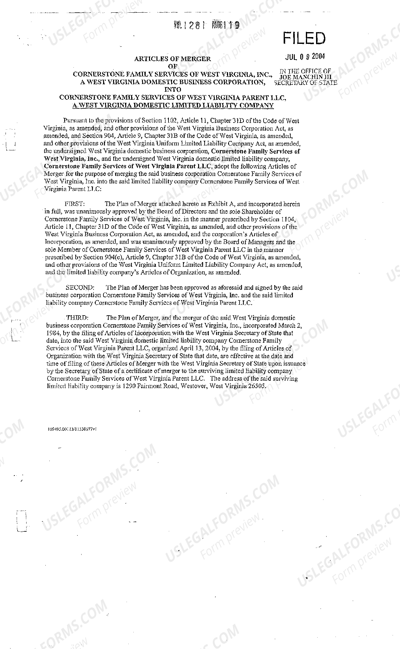 West Virginia Certificate of Merger | US Legal Forms