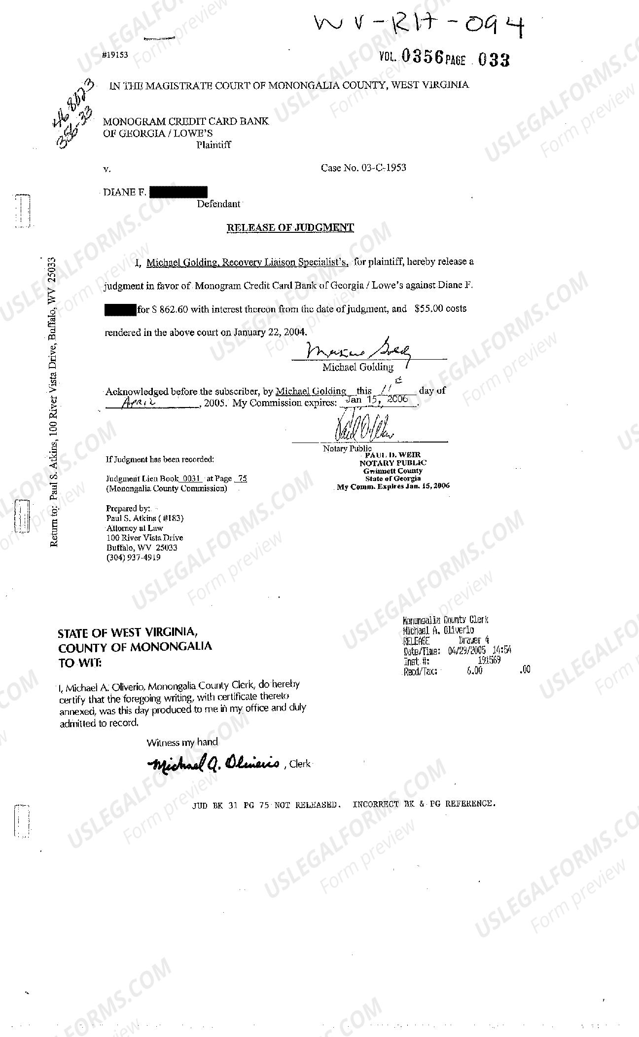 West Virginia Release of Judgment | US Legal Forms