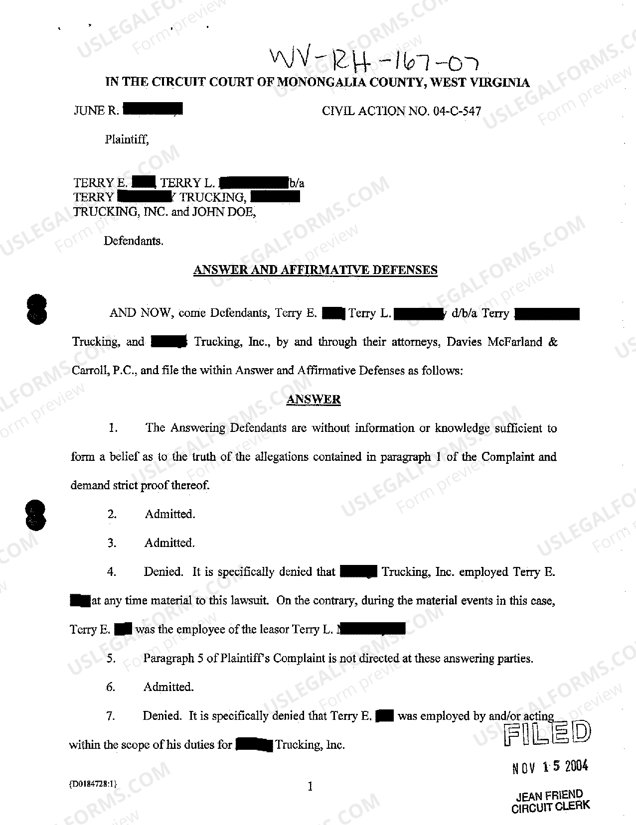 West Virginia Answer and Affirmative Defenses | US Legal Forms