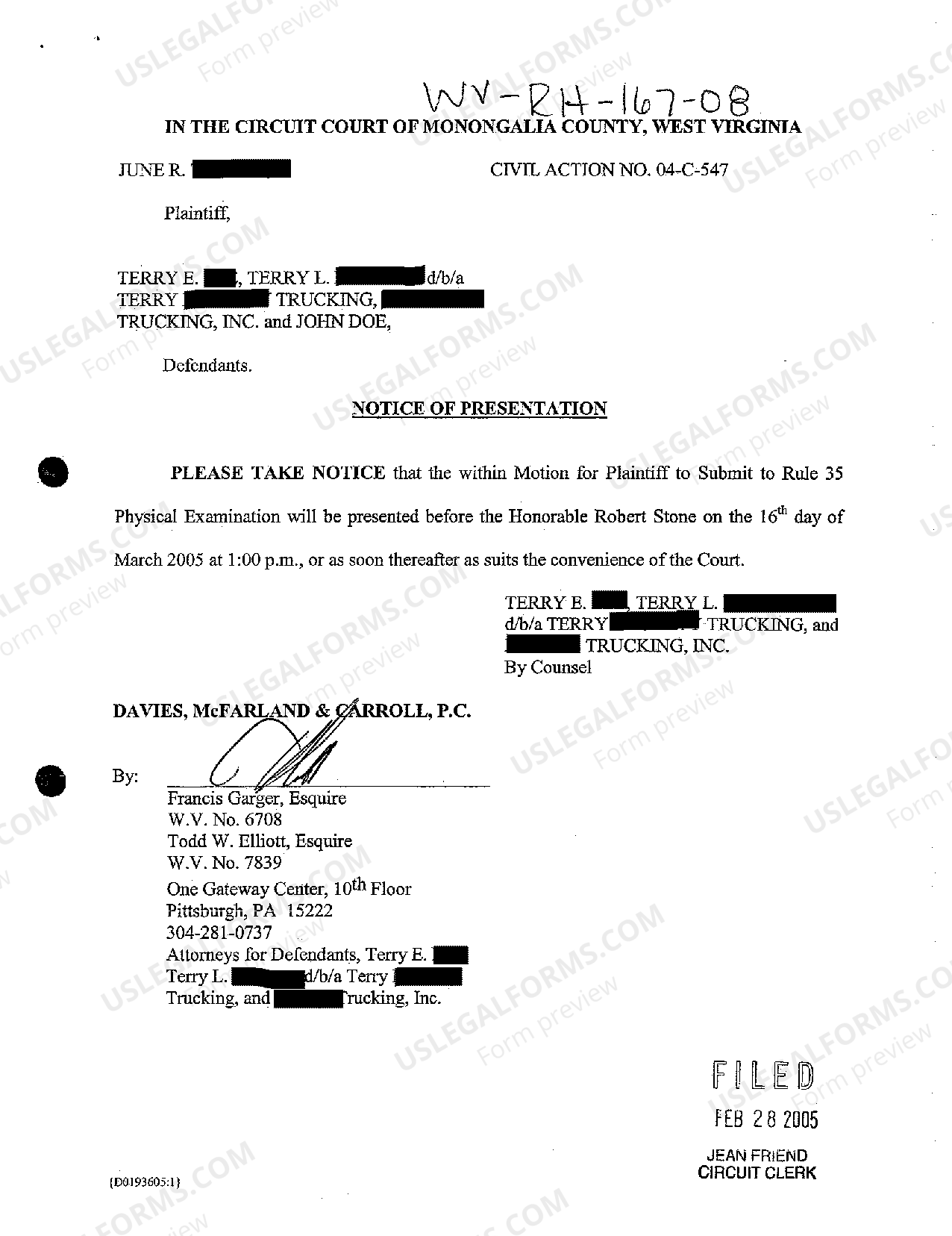 West Virginia Notice of Presentation to Submit Rule 35 Physical ...