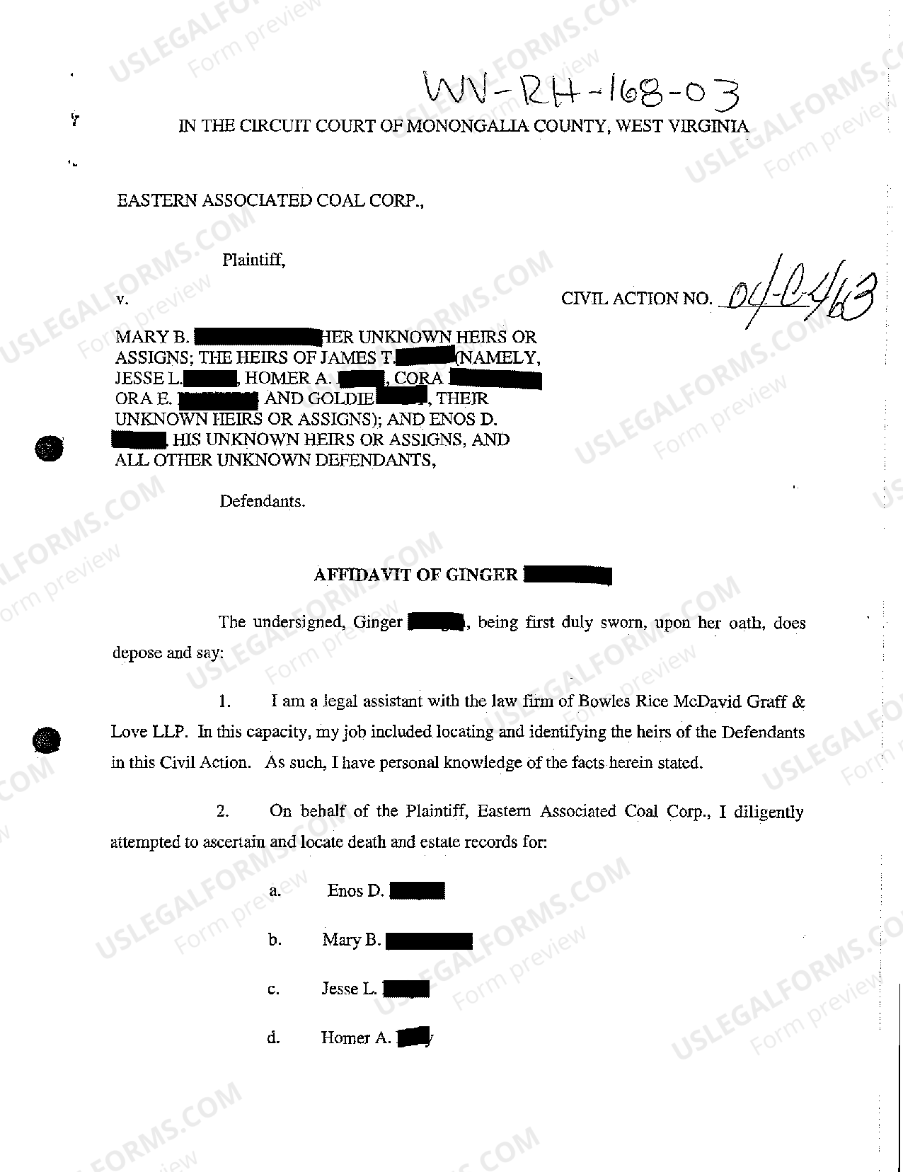 West Virginia Affidavit of Legal Assistant Charged with Locating the Heirs with Interest in ...