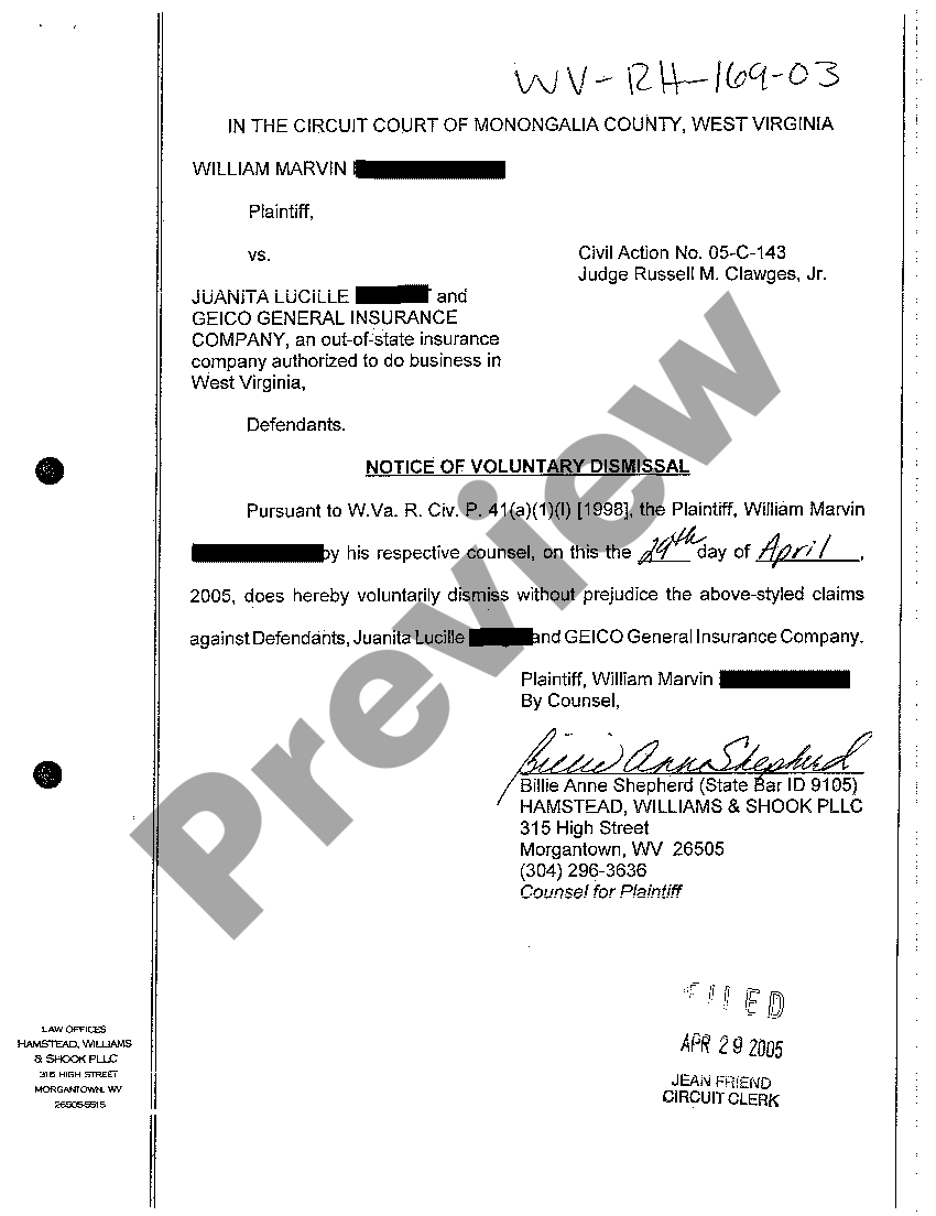 West Virginia Notice Of Voluntary Dismissal Without Prejudice By