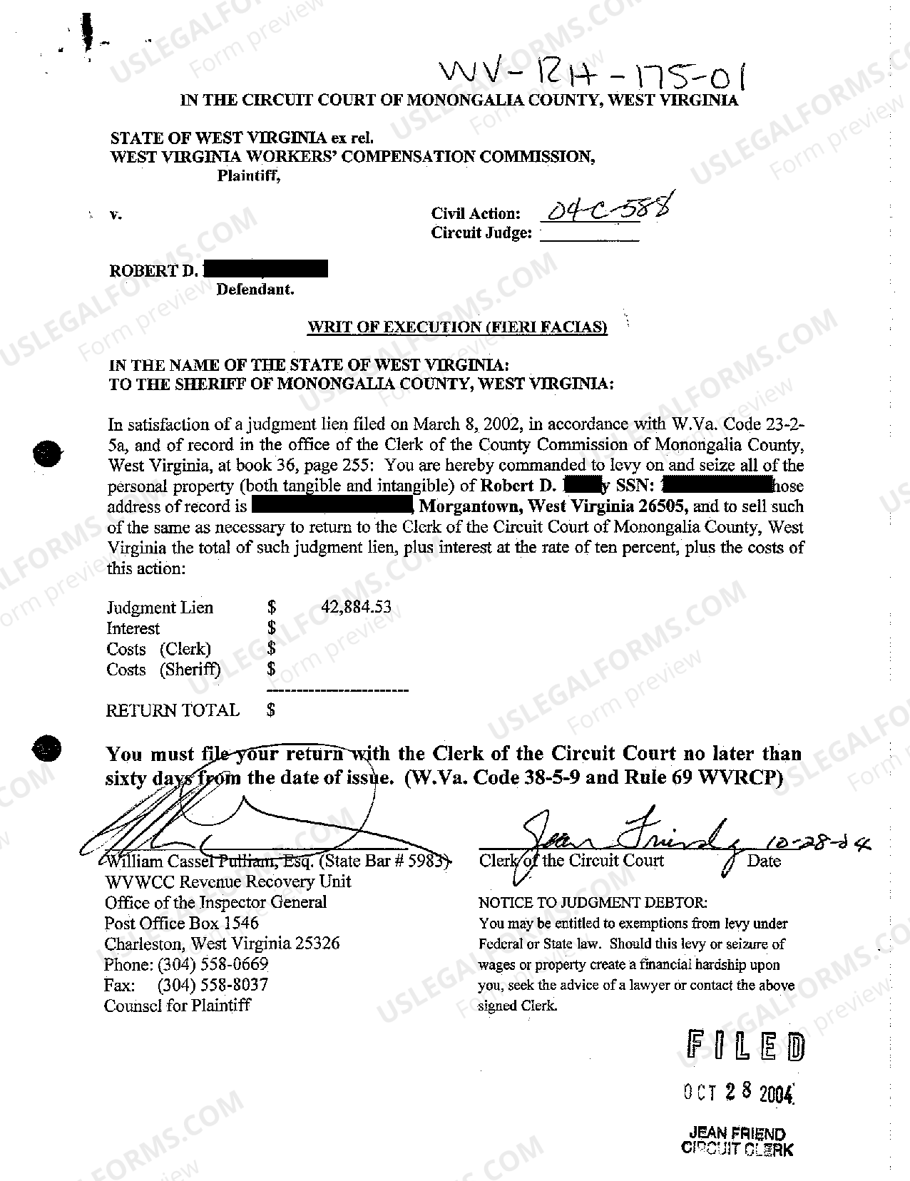 West Virginia Writ of Execution Fieri Facias to Levy on and Seize ...