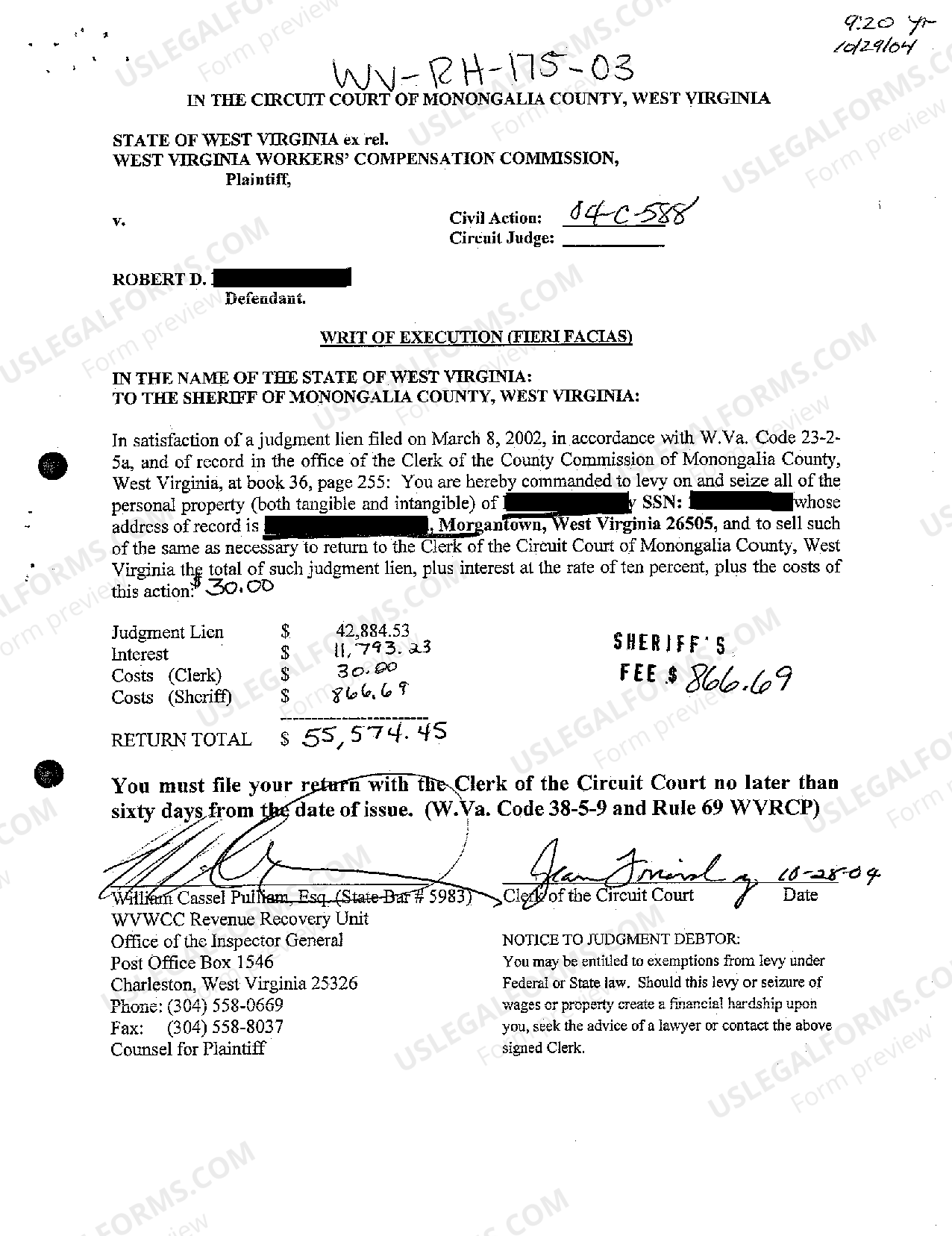 West Virginia Completed Writ of Execution Fieri Facias - West Virgnia ...