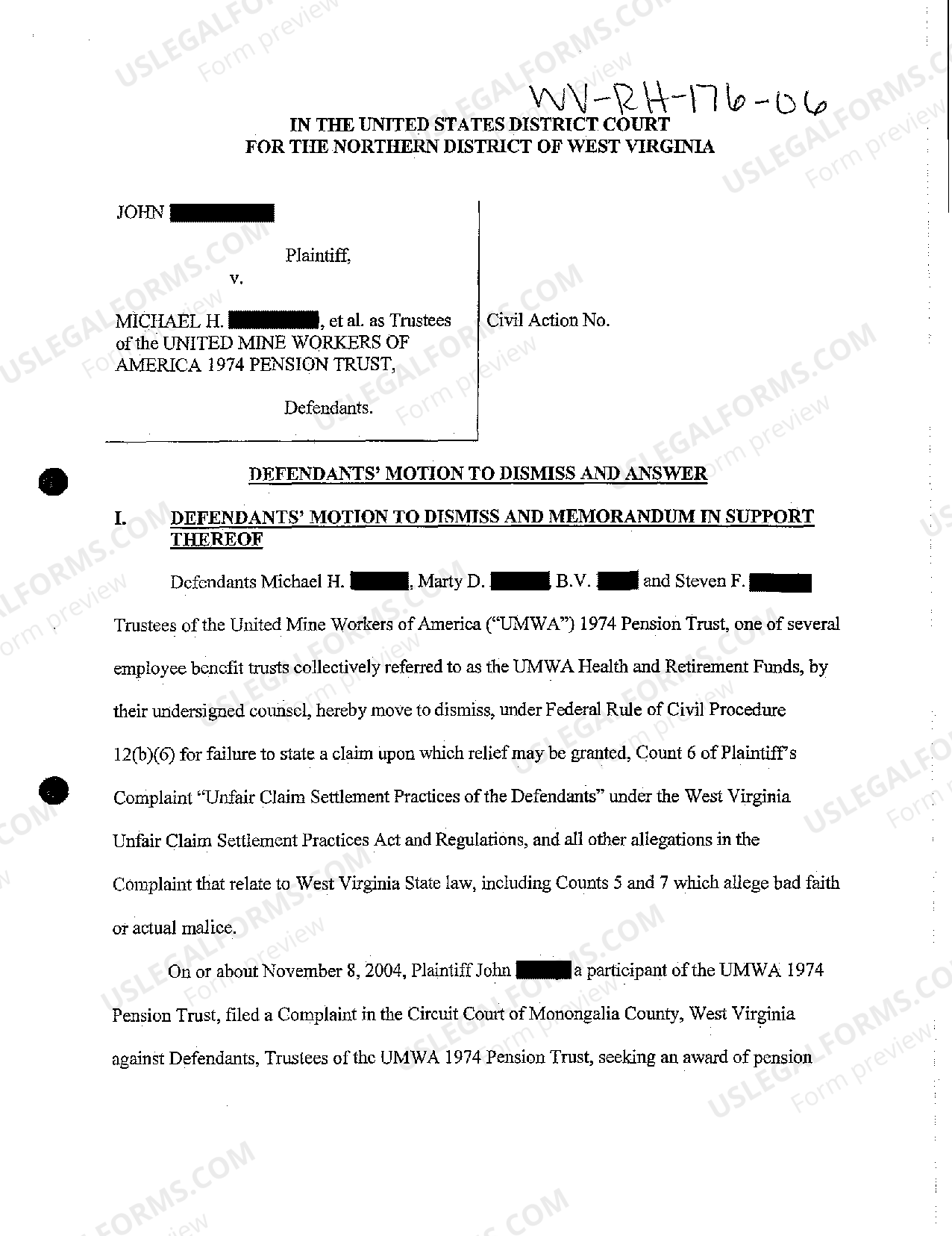West Virginia Defendants Motion To Dismiss and Answer | US Legal Forms