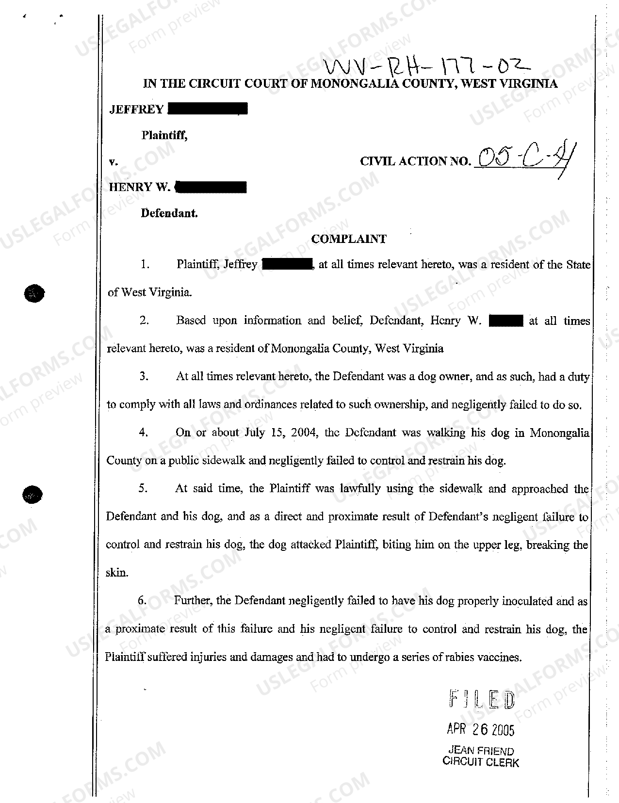 West Virginia Complaint for Personal Injury from Dog Bite Due to ...