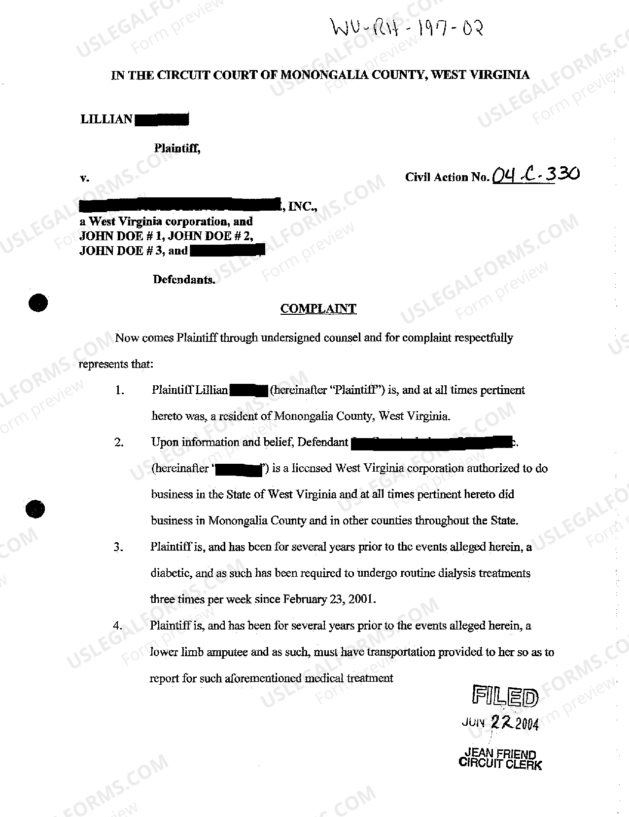 West Virginia Complaint for Paramedic Medical Malpractice | US Legal Forms