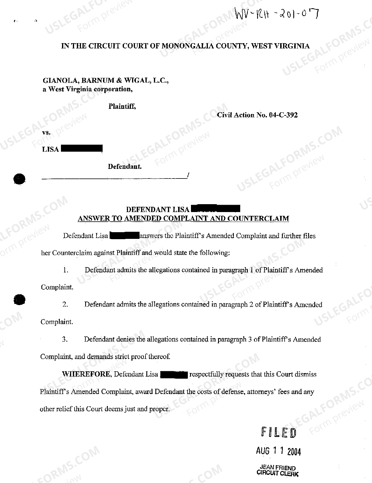 West Virginia Defendant's Answer to Amended Complaint and Counterclaim ...