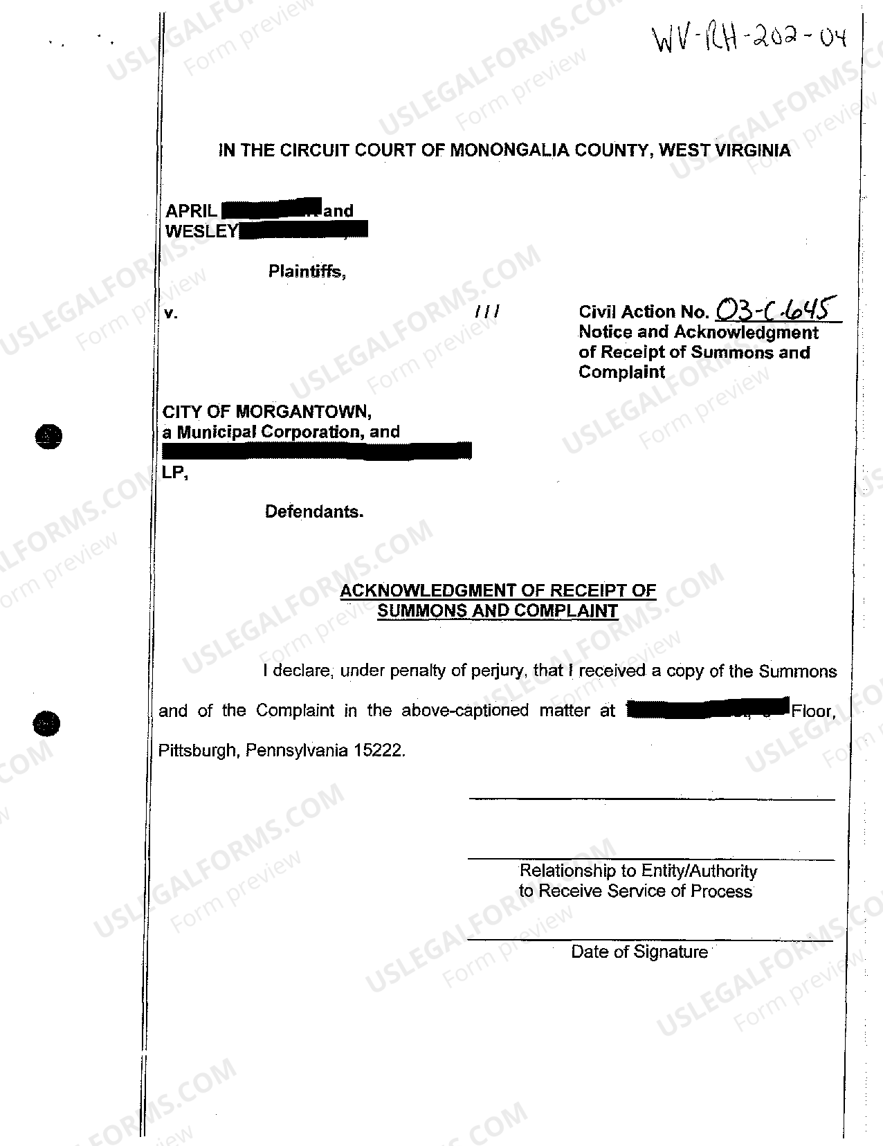 West Virginia Acknowledgment of Receipt of Summons and Complaint | US ...