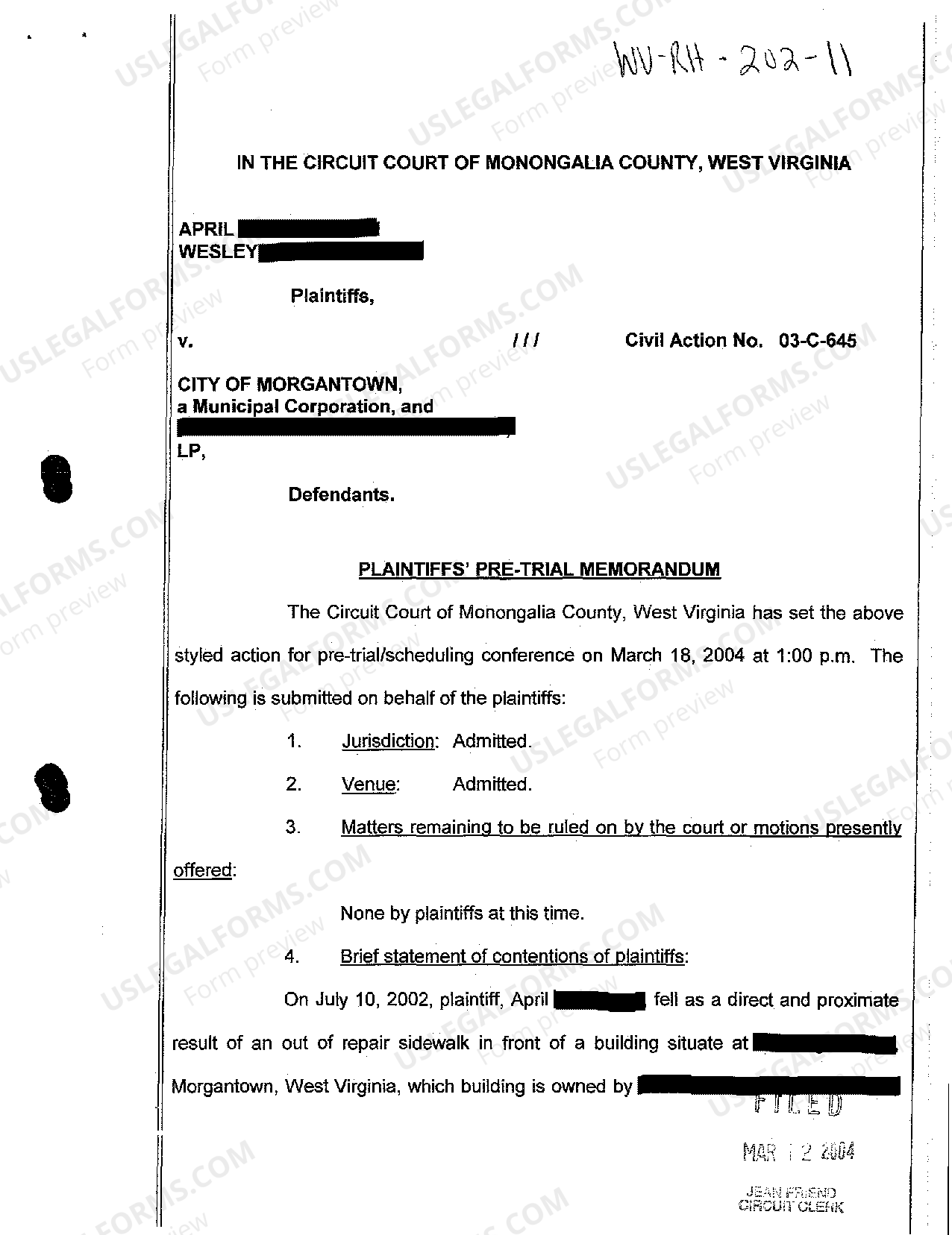 West Virginia Plaintiff's Pretrial Memorandum | US Legal Forms