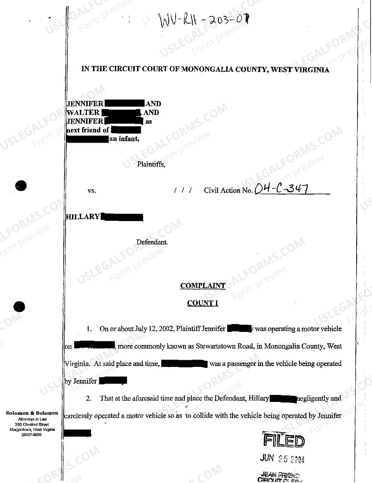 West Virginia Complaint for Damages and Loss of Consortium regarding ...