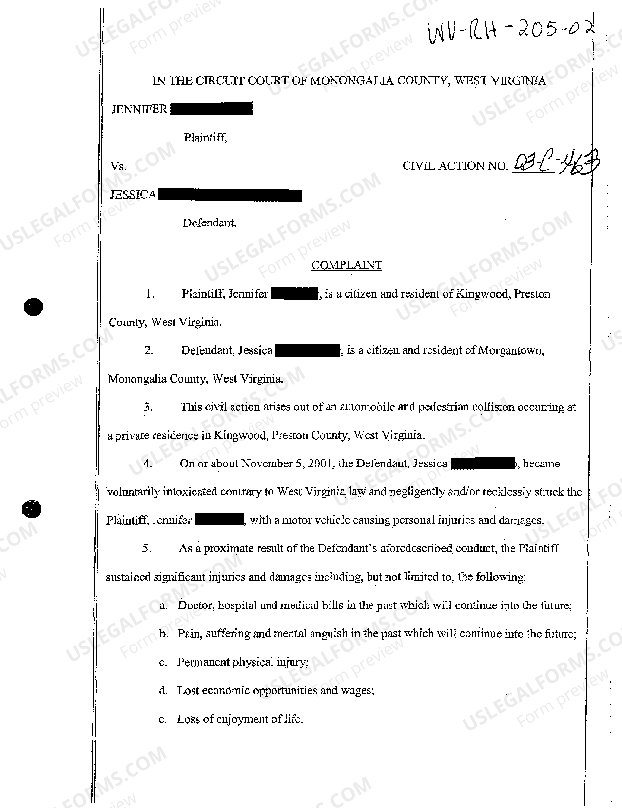 West Virginia Complaint for Personal Injury Pedestrian Collision | US ...