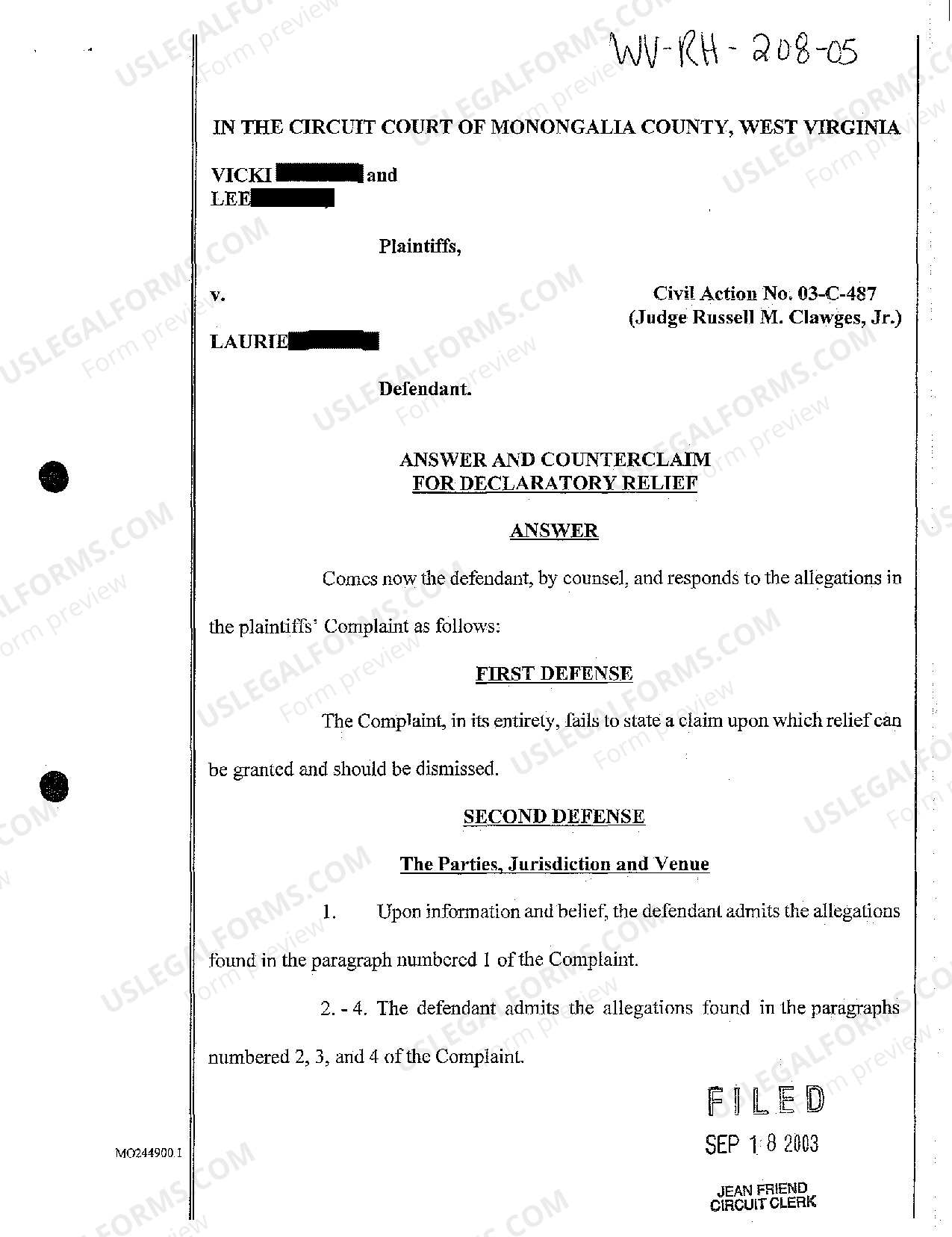 West Virginia Answer and Counterclaim and Declaratory Relief | US Legal Forms