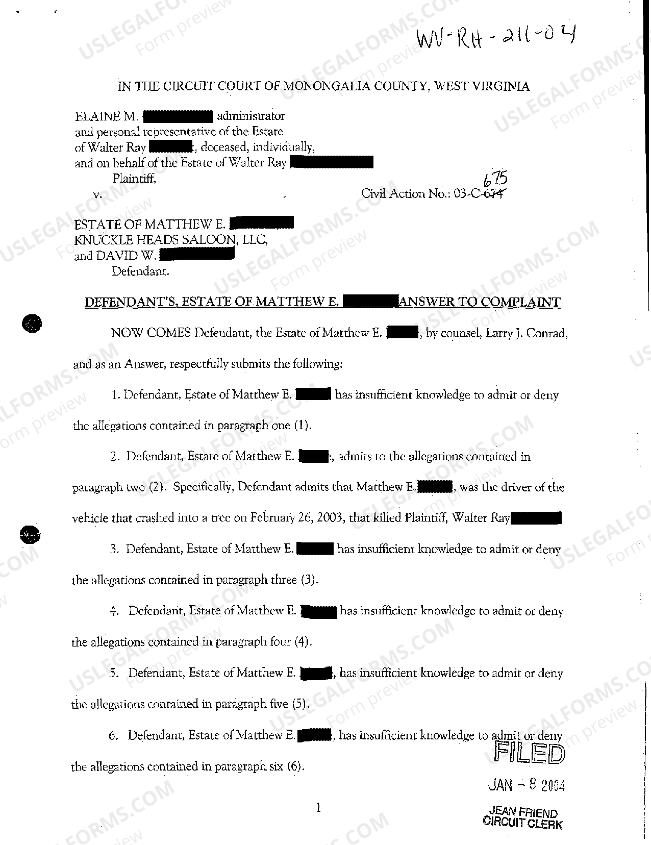 West Virginia Defendant's Answer to Complaint | US Legal Forms