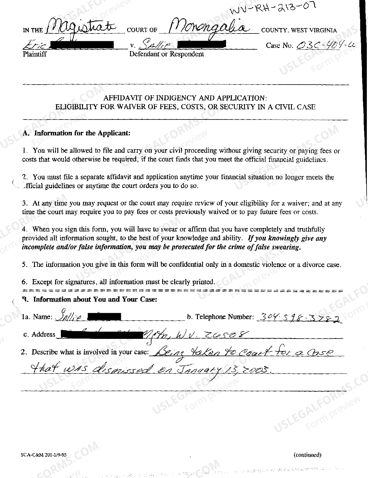 West Virginia Affidavit of Indigency and Application Eligibility for ...