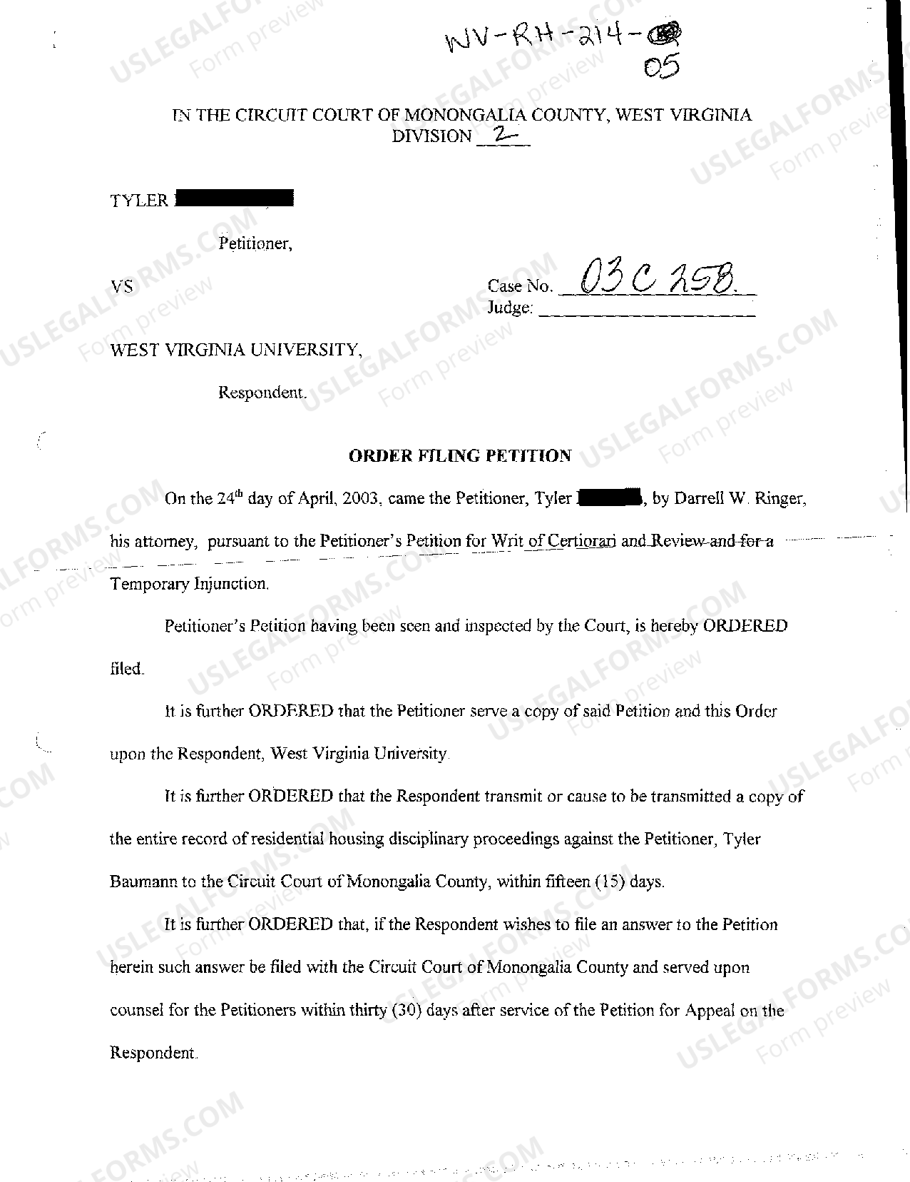 West Virginia Order Filing Petition for Writ of Certiorari and Review ...