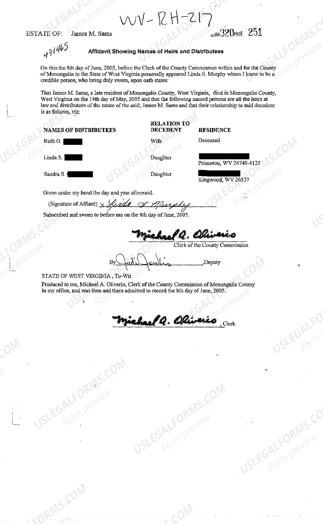 West Virginia Affidavit Showing Names of Heirs and Distributees | US ...