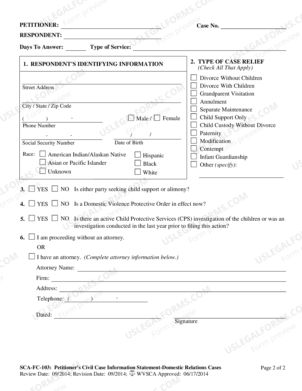 West Virginia Civil Case Information Statement Domestic Relations Cases ...